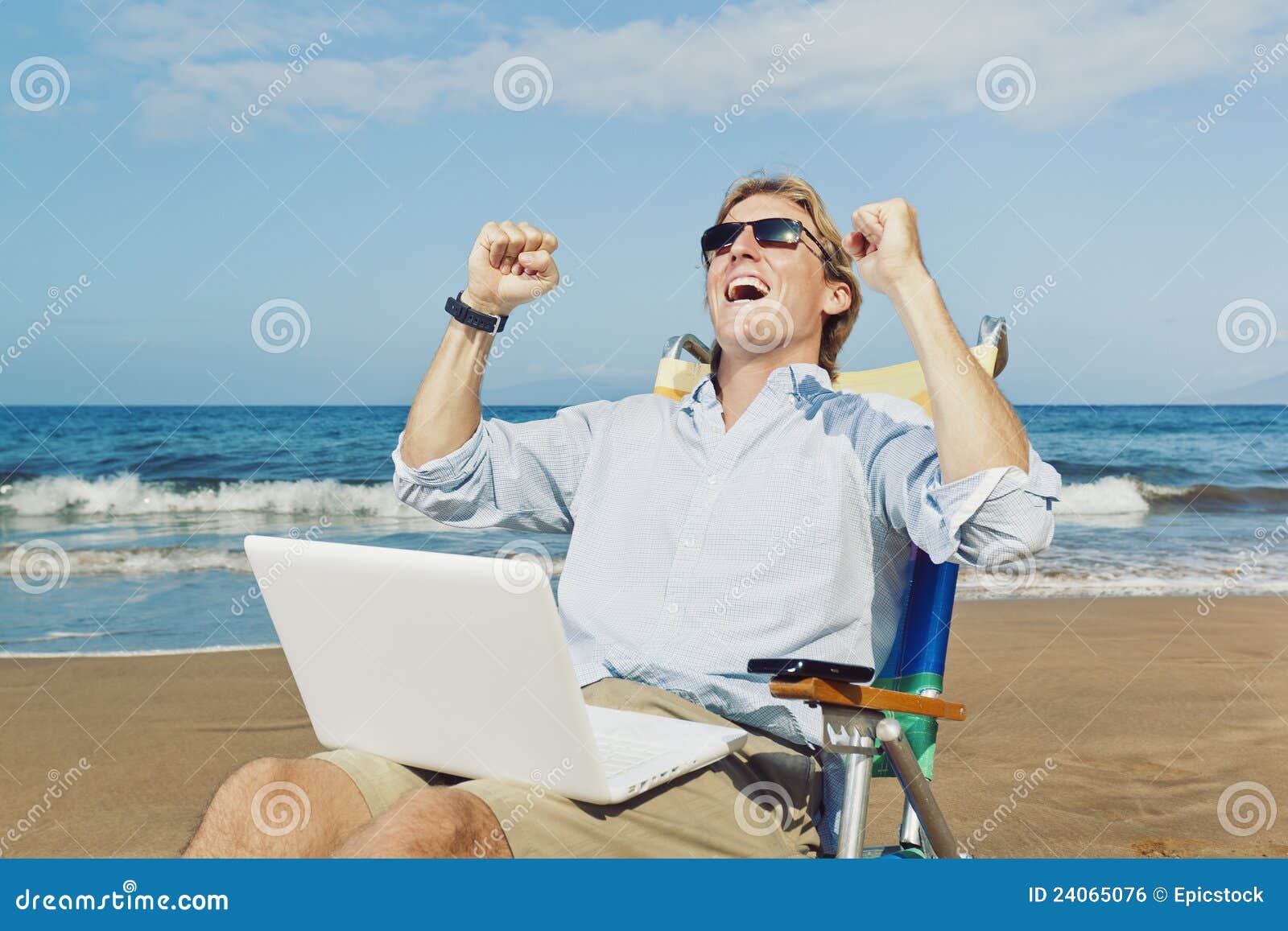Celebrating Success at the Beach Stock Photo - Image of phone, hawaii ...