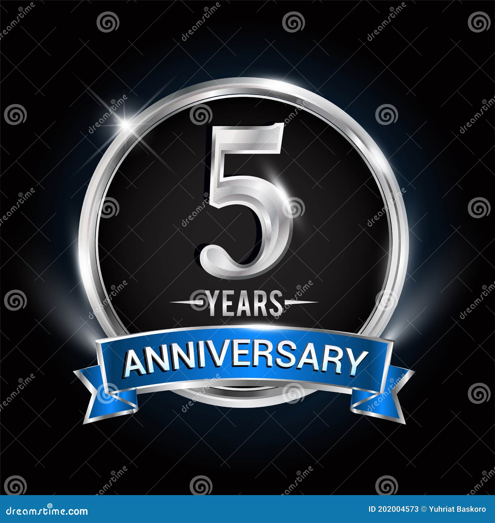 Celebrating 5th Years Anniversary Logo with Silver Ring and Blue Ribbon ...