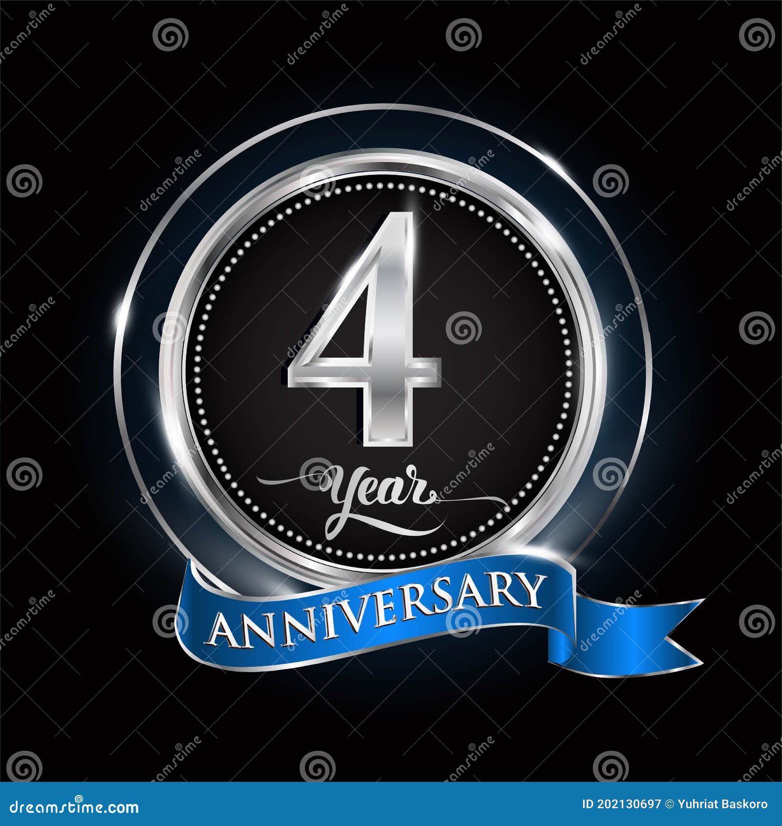 Celebrating 4th Years Anniversary Logo. with Silver Ring and Blue ...
