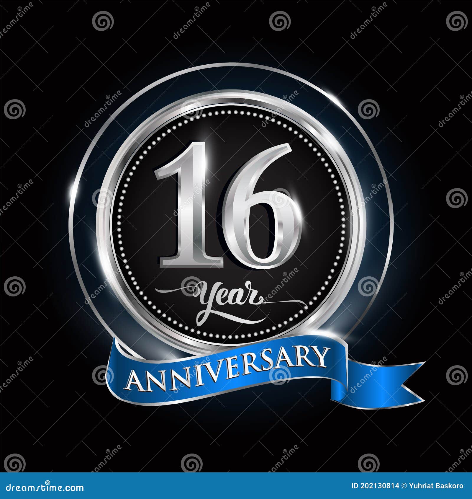Celebrating 16th Years Anniversary Logo. with Silver Ring and Blue ...