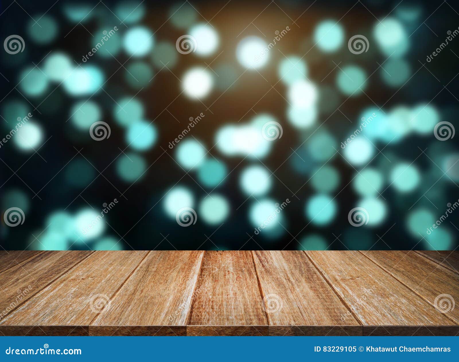 Celebration Background of Wood Table on Blue Light Bokeh Stock Image ...