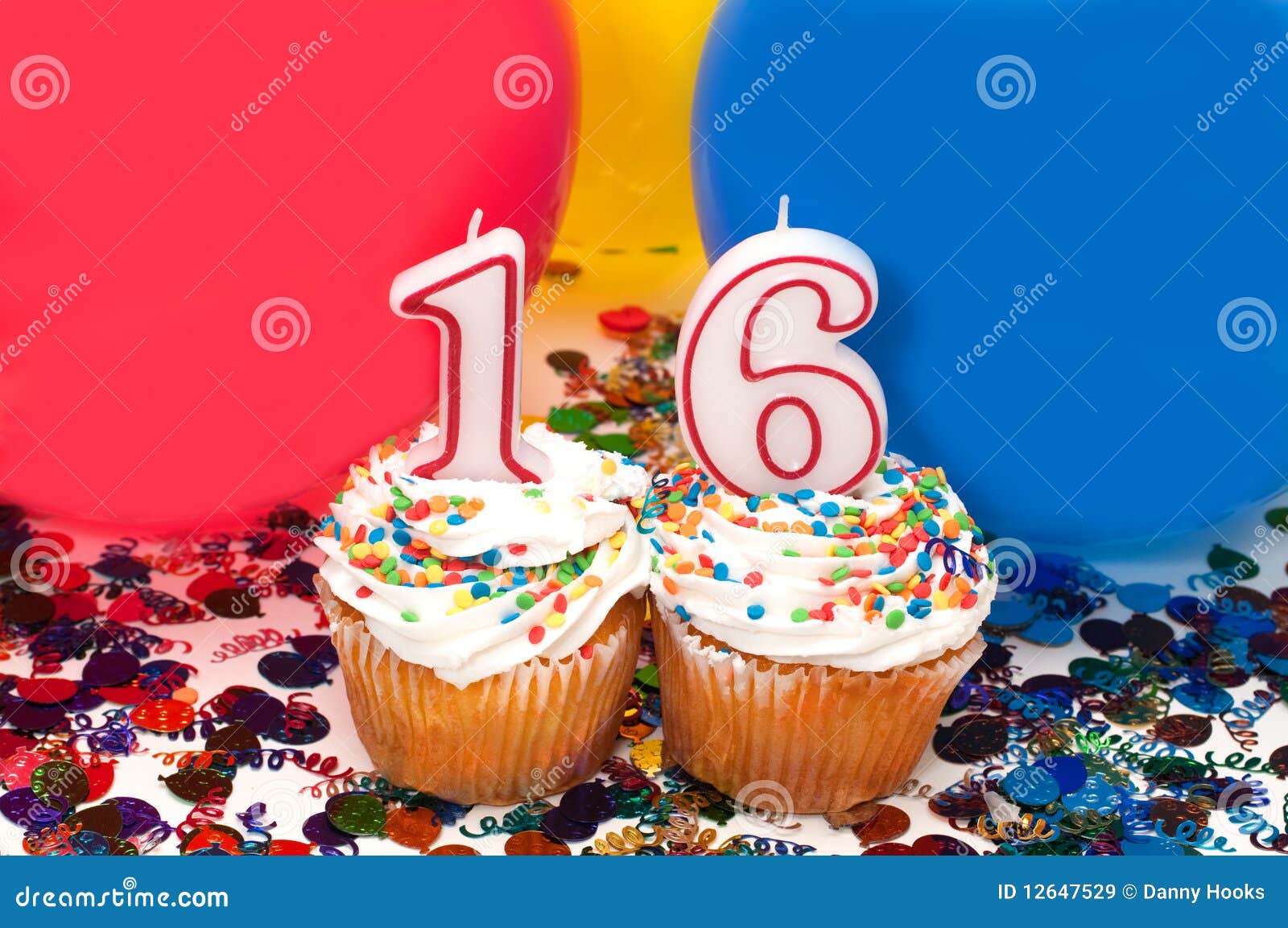 Celebration with Balloons, Confetti, and Cupcake Stock Image - Image of ...