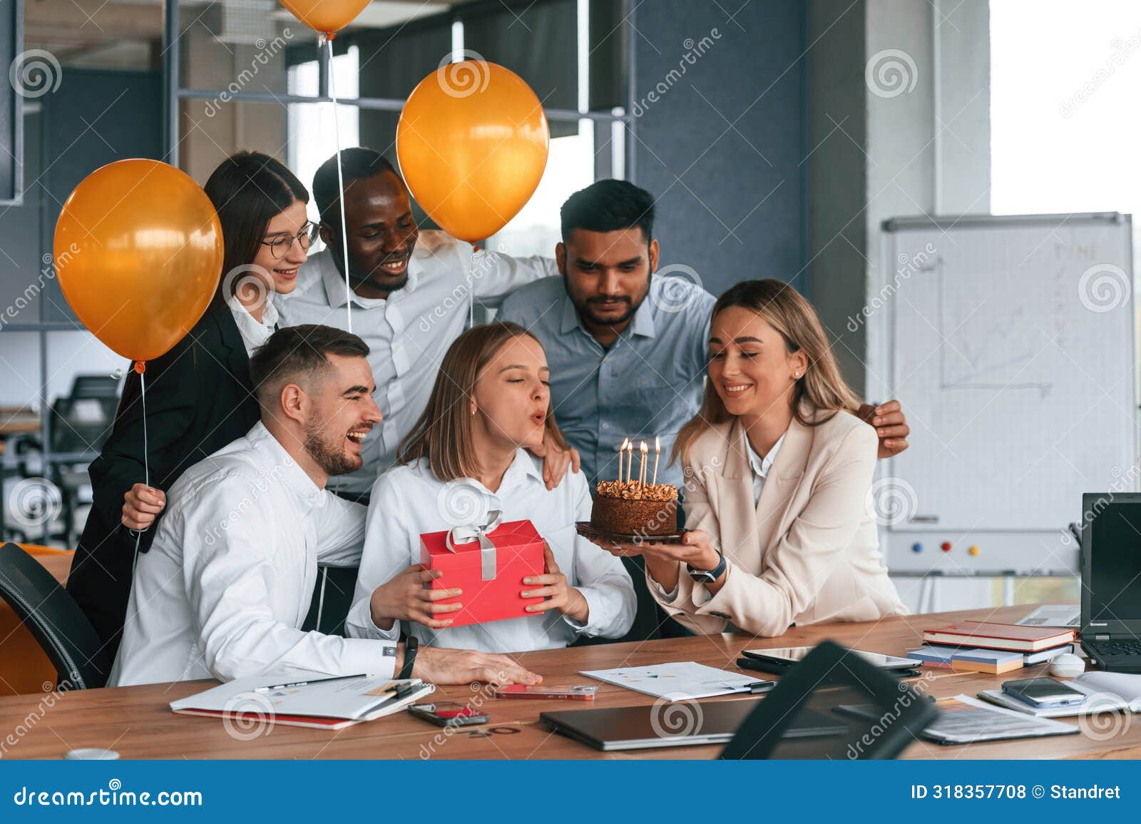 Celebration with Cake, Balloons and Gift Box. Employee Having a ...