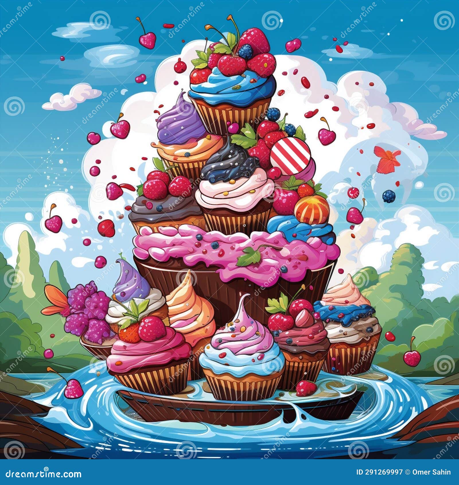 Celebration Cascade: a Tower of Cupcakes Overflowing with Joy Stock ...