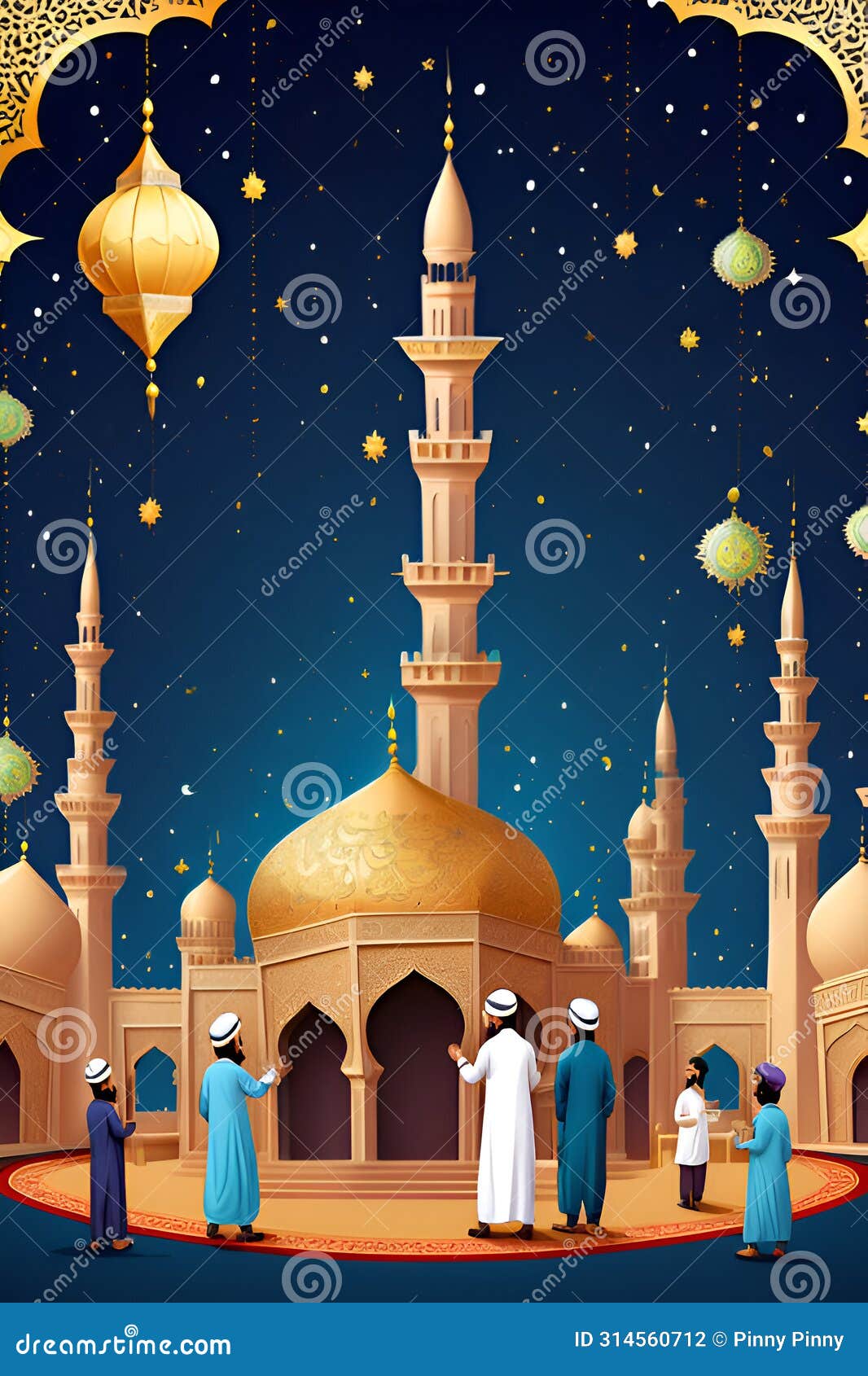 The Celebration of Eid Azha with Great Mosque, Stars, Cartoon Style ...