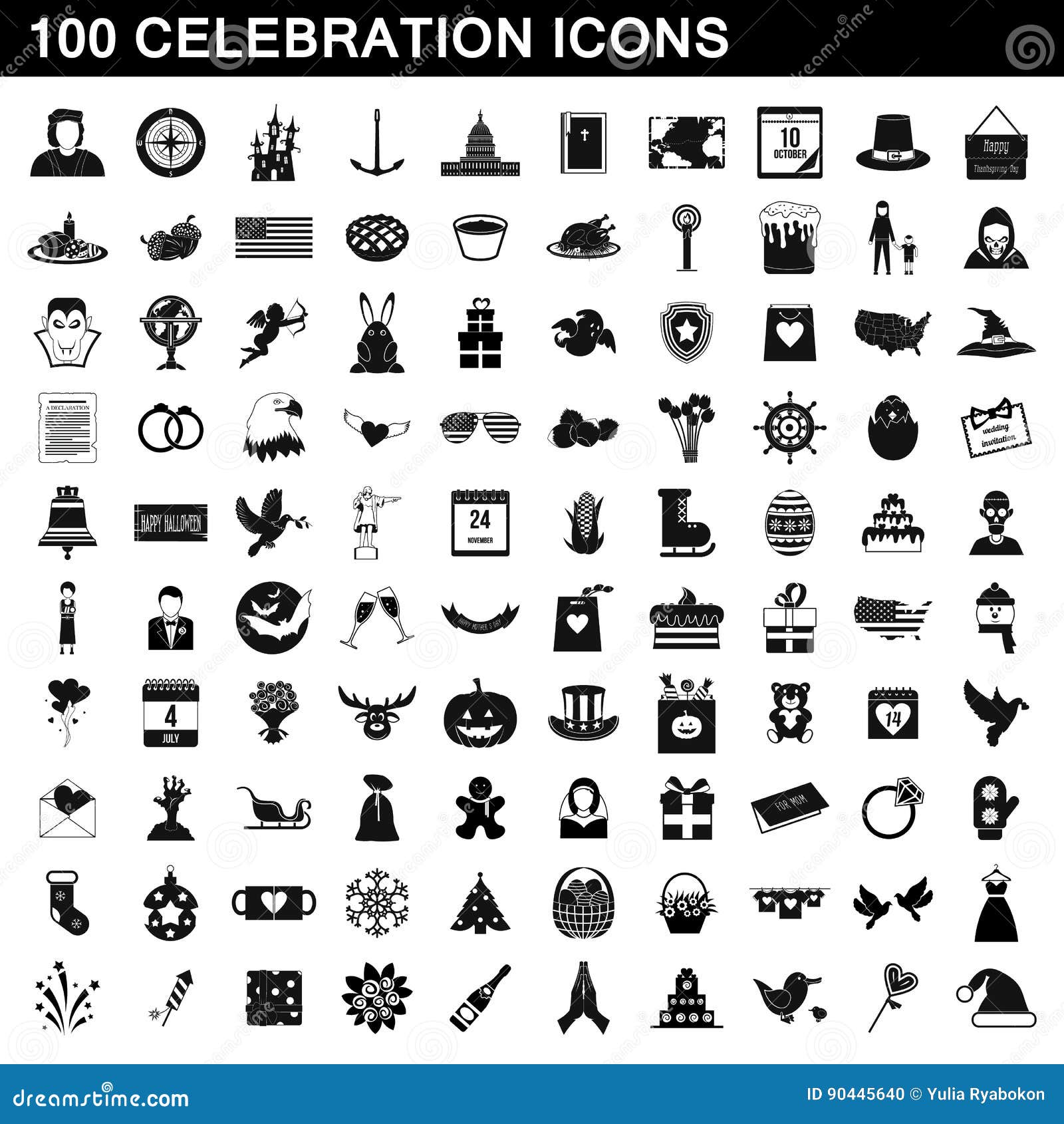 100 Celebration Icons Set, Simple Style Stock Vector - Illustration of ...