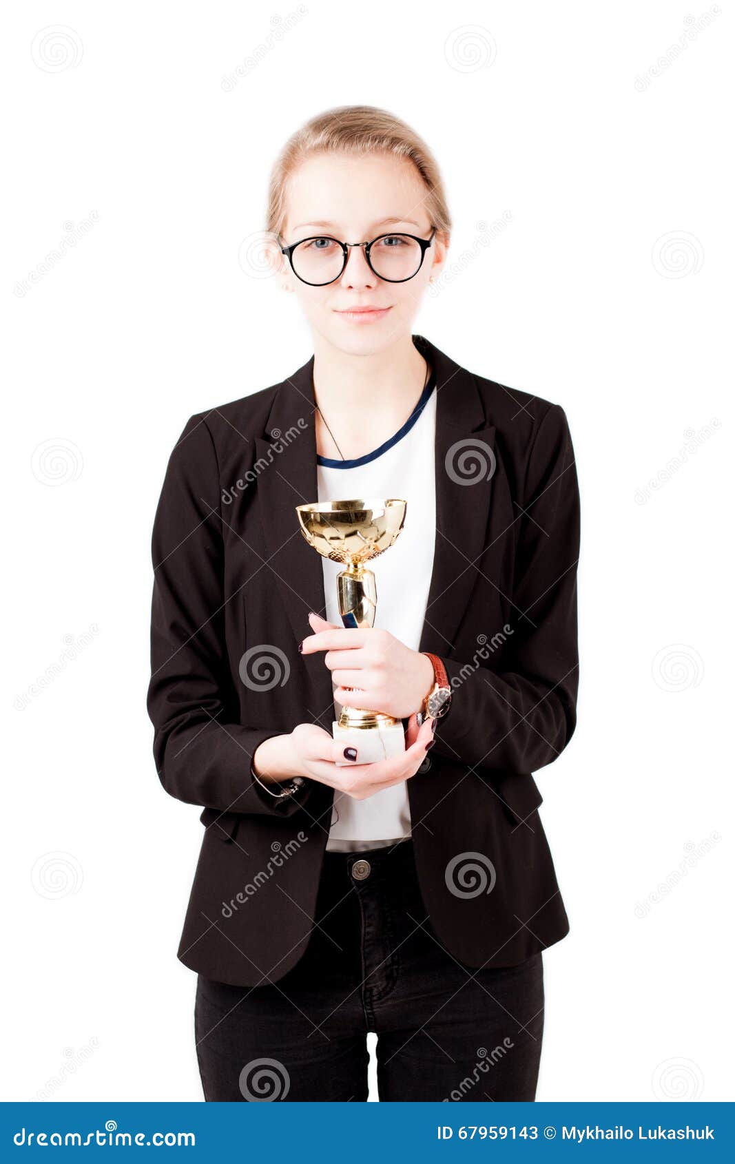 Celebration of Win, Woman Hold Trophy Isolated Stock Image - Image of ...