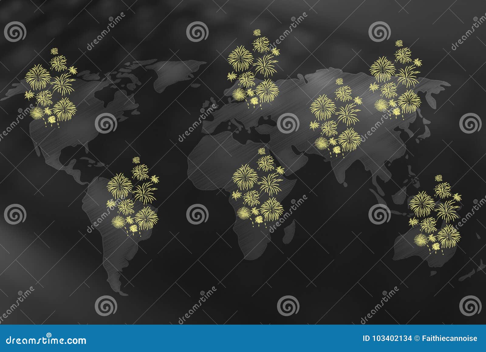 World Map with Fireworks Exploding in Different Locations Stock ...
