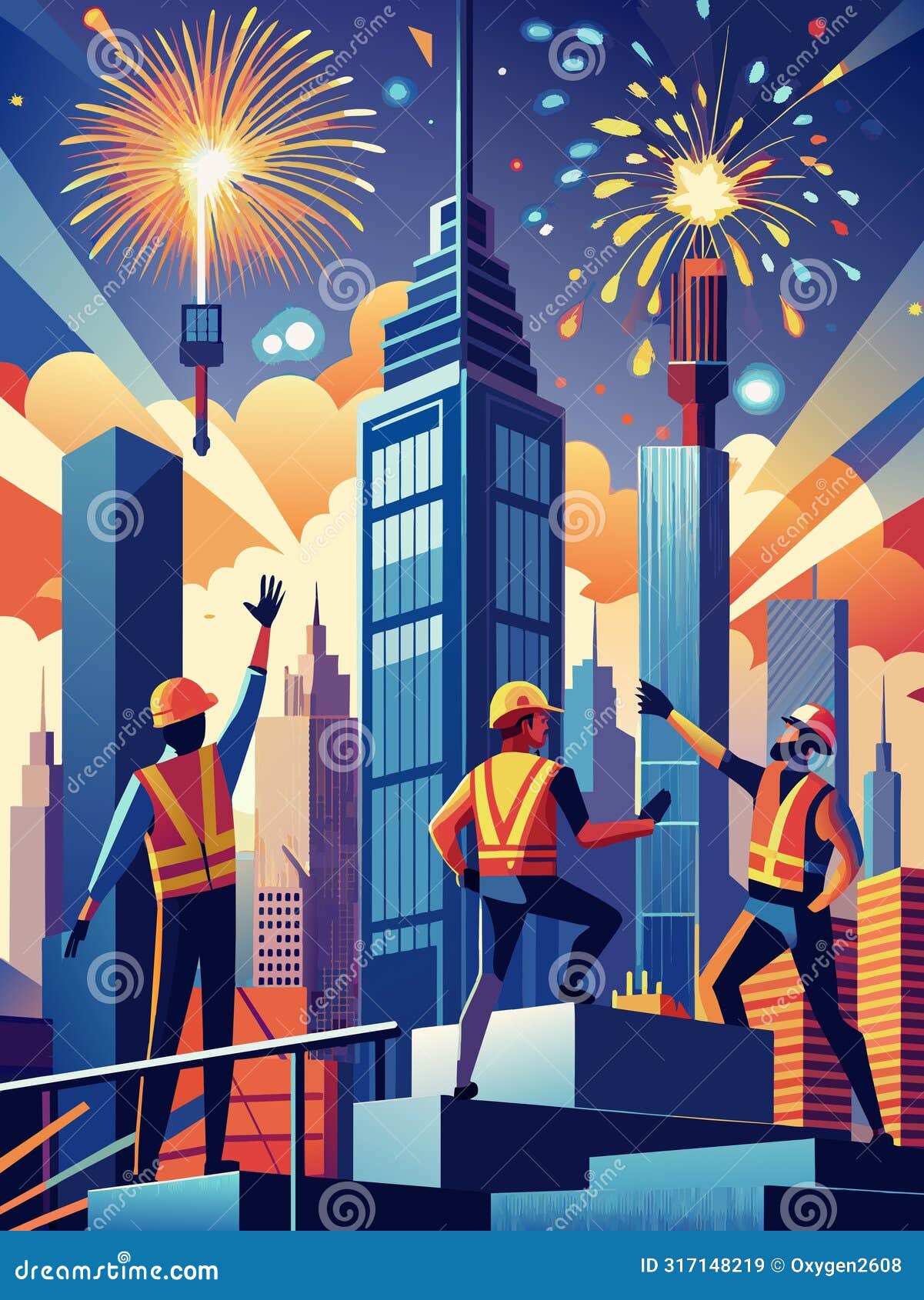 Celebratory Fireworks Over Construction Site at Dusk Stock Image ...