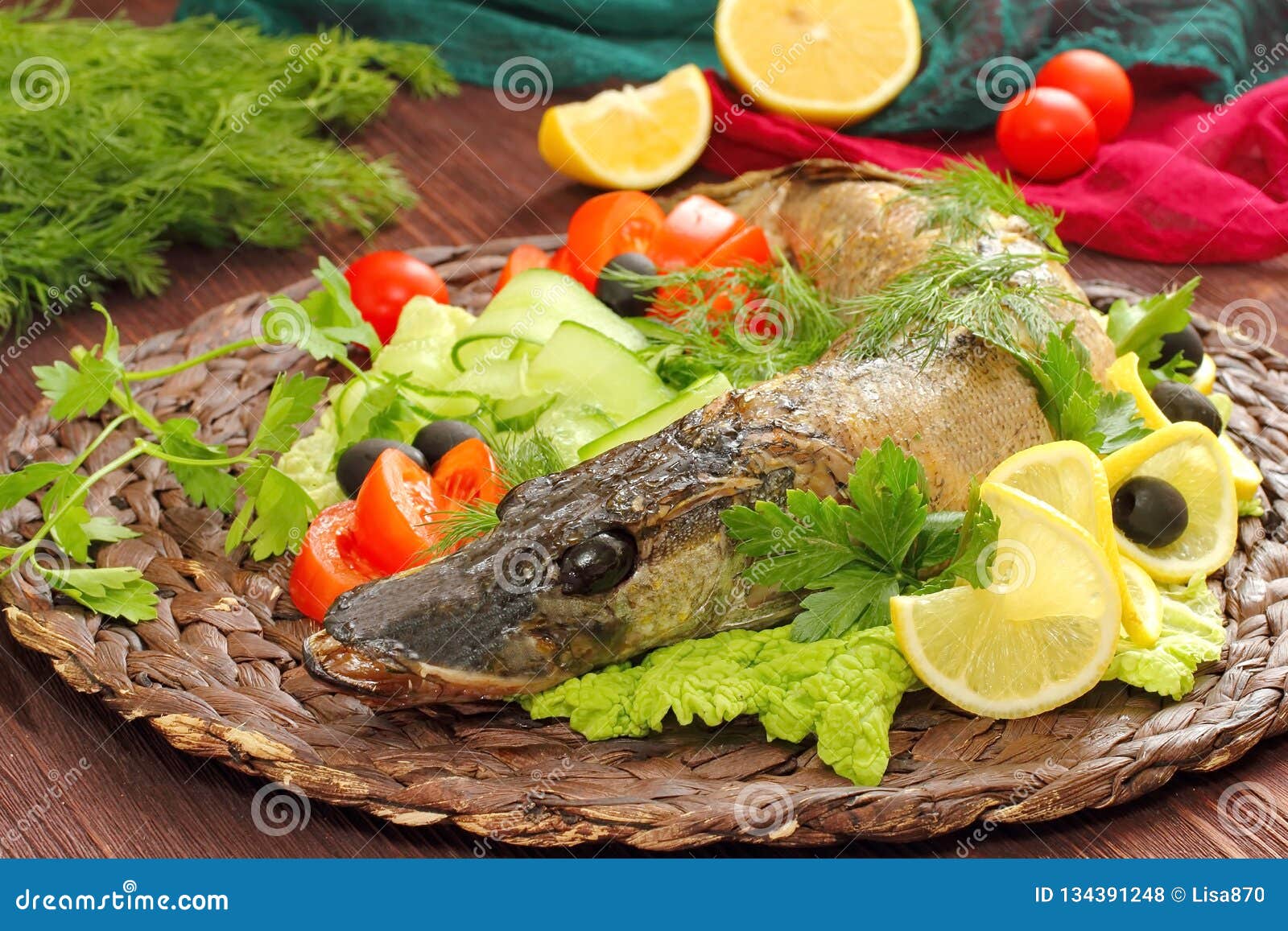 Celebratory Food. Stuffed Pike on Served Table Stock Photo - Image of ...
