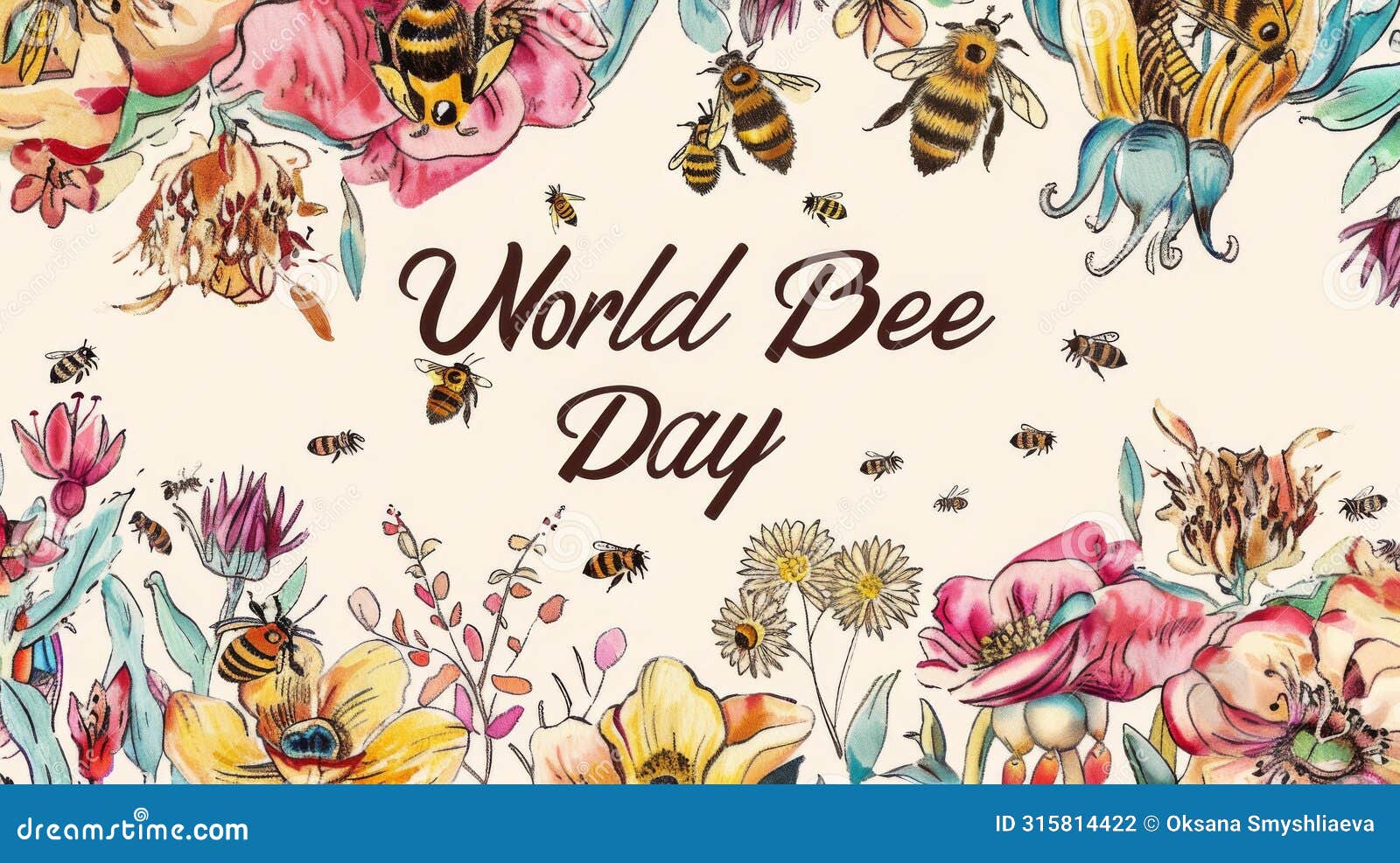 Celebratory Illustration Featuring an Array of Flowers and Bees for ...