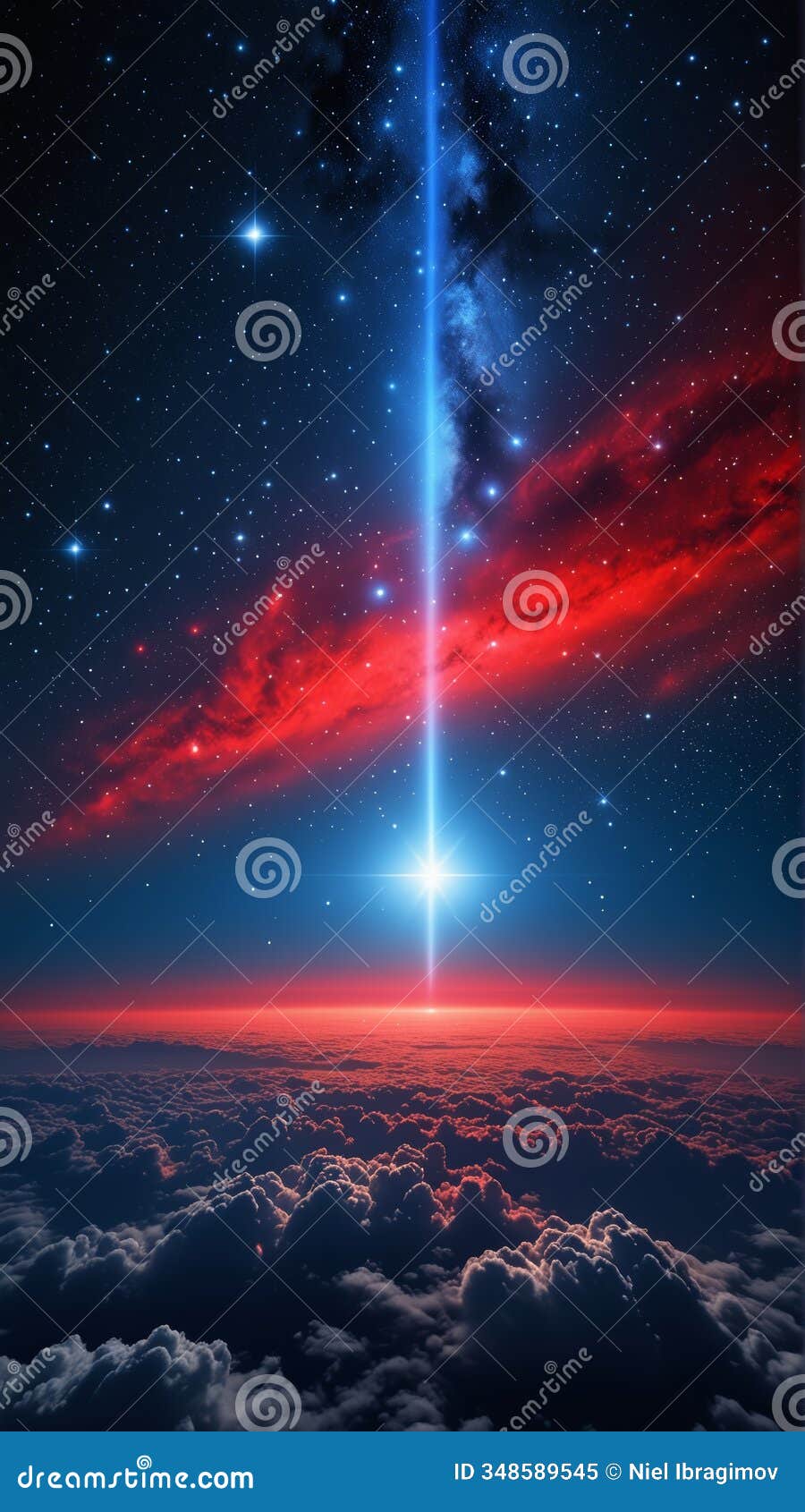 Celestial Beam Illuminating Starry Sky with Vibrant Red Nebula and Blue ...