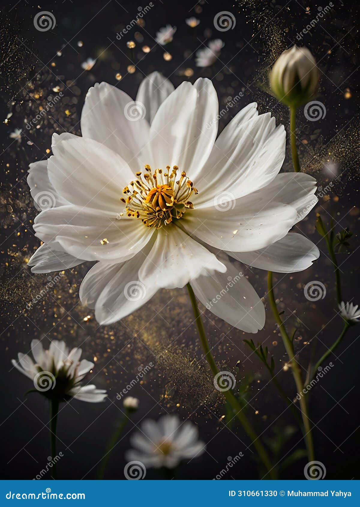 A Celestial Bloom, the White Cosmos Shimmers with Silver and Gold ...