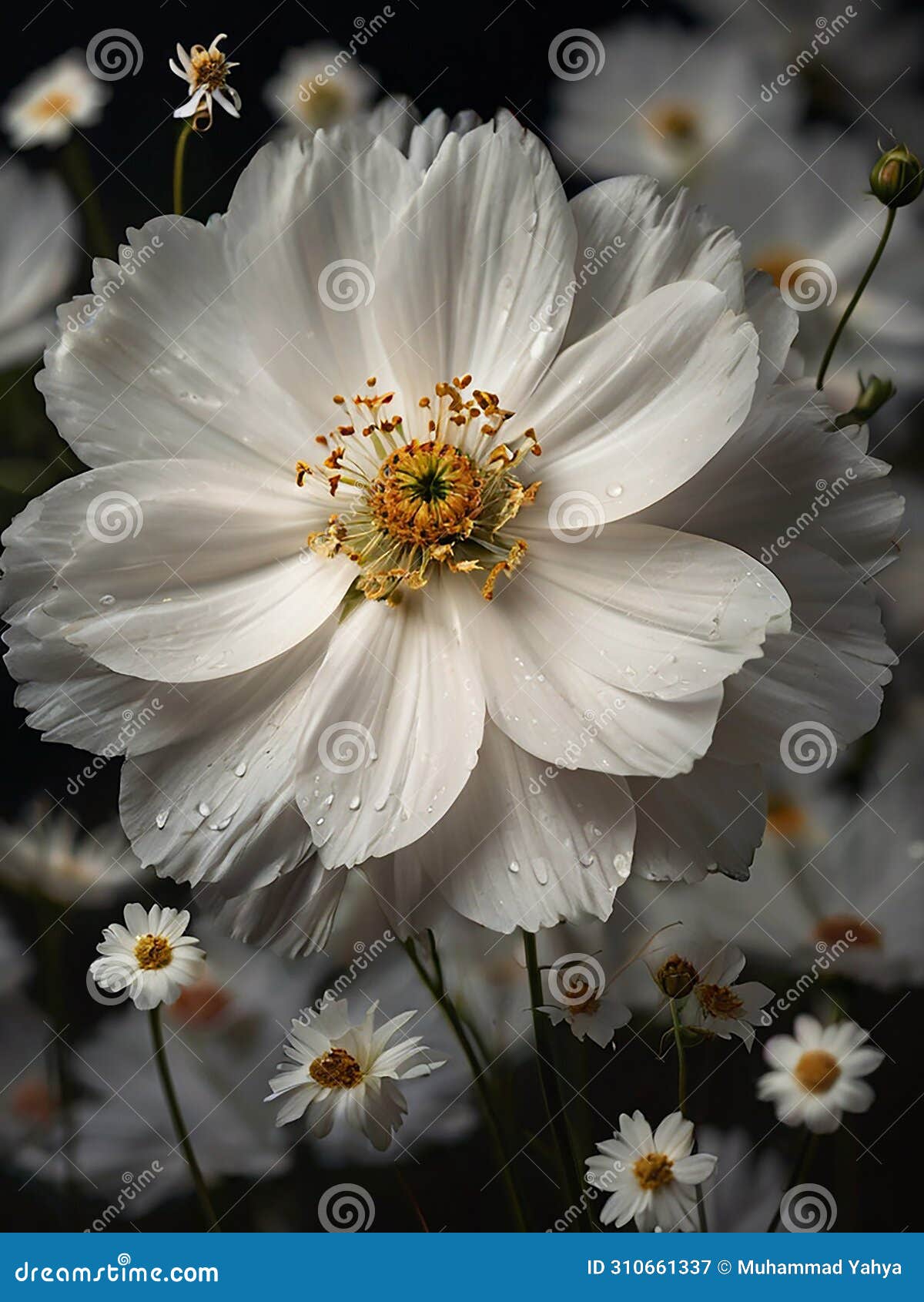 A Celestial Bloom, the White Cosmos Shimmers with Silver and Gold ...