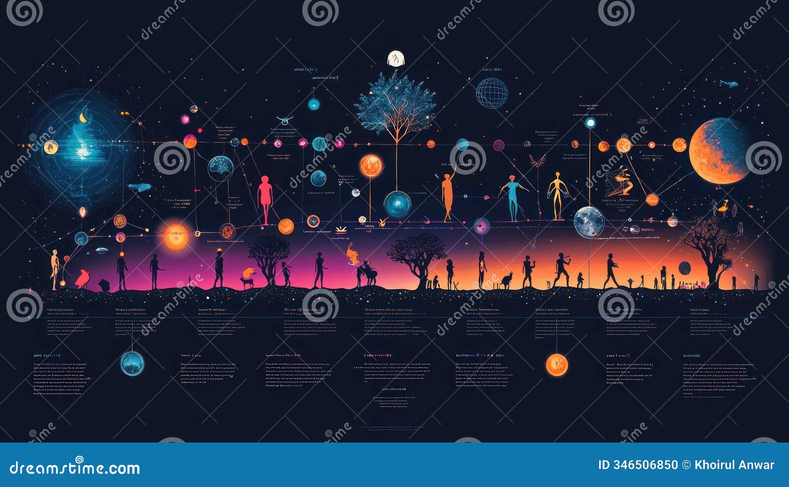 Celestial Bodies Life Forms and Human Figures Against a Dark Backdrop ...