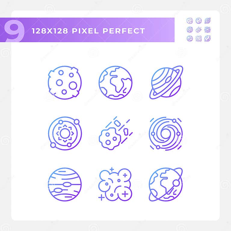 Celestial Bodies Pixel Perfect Gradient Linear Vector Icons Set Stock Illustration ...