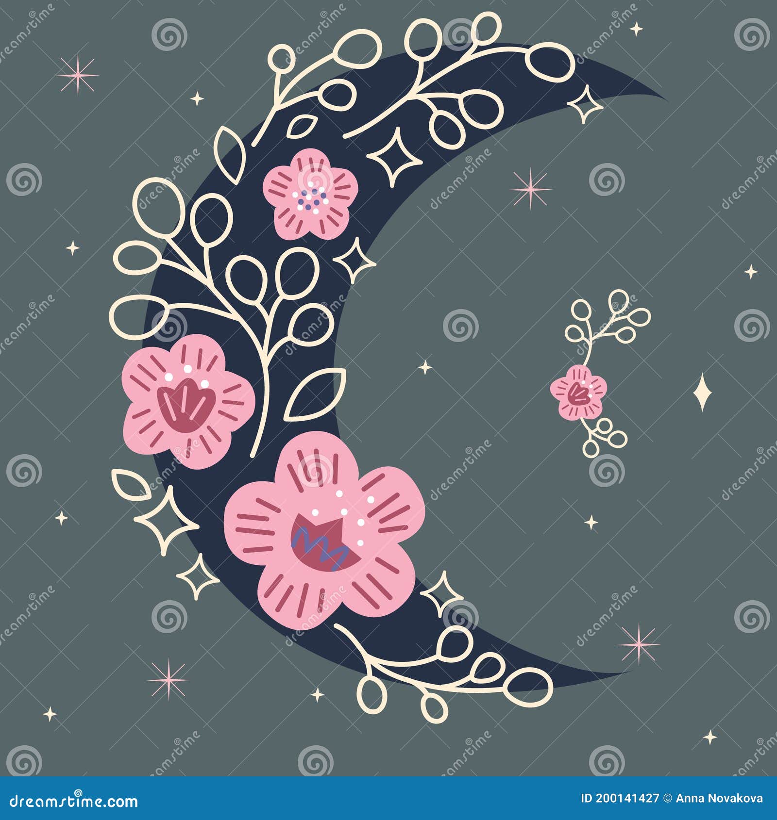 Celestial Card with Moon and Flowers Stock Vector - Illustration of ...