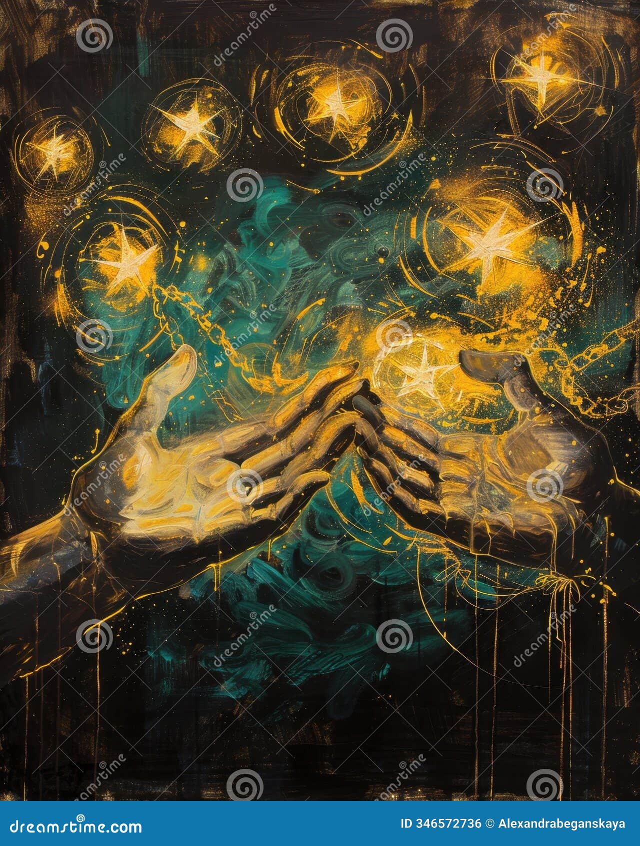 Celestial Connection: Hands Reaching for Stars in Cosmic Art Stock ...