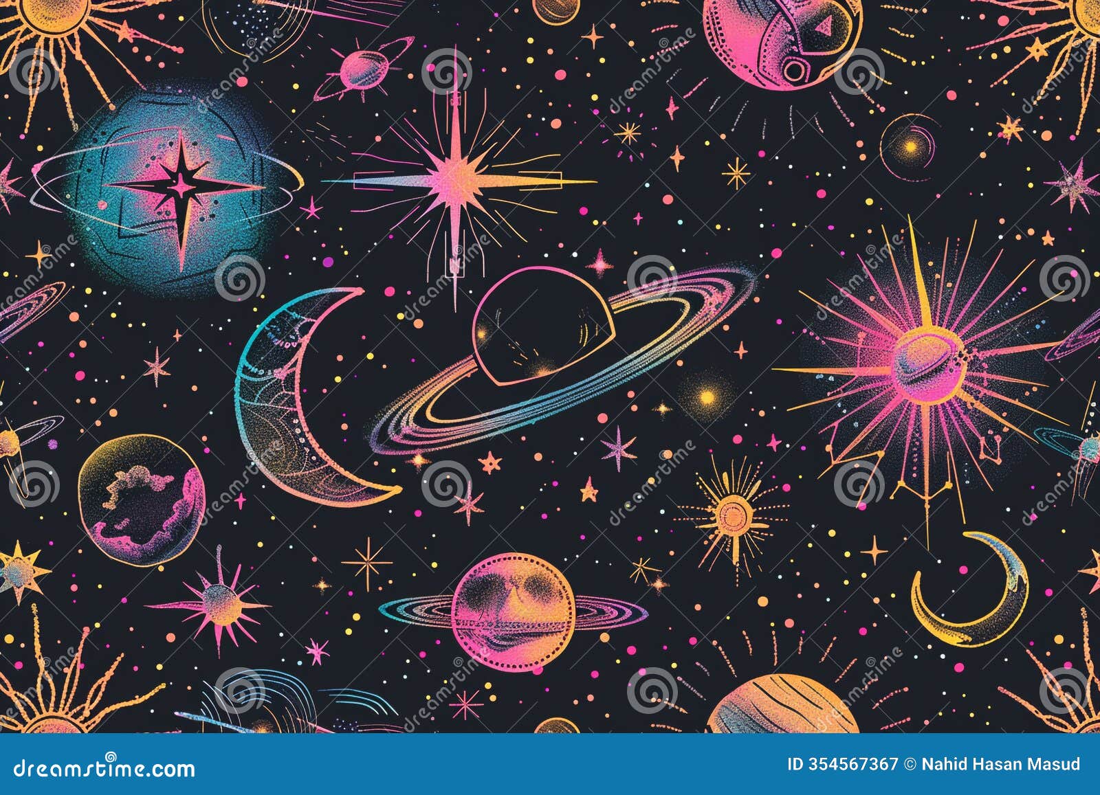 Celestial Cosmic Pattern Design Featuring Planets Stars Moons and Suns ...