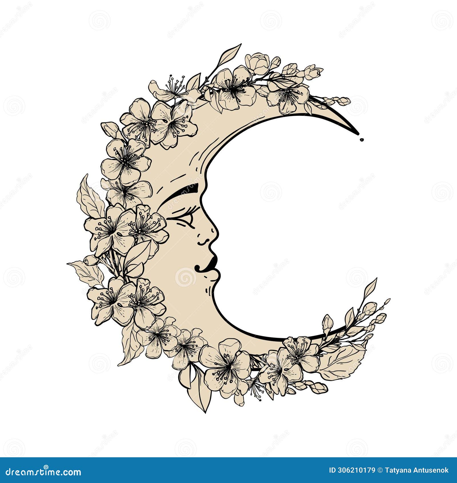 Celestial Crescent Moon With A Face Decorated With Flowers Mystical Logo Magical Vector Tattoo
