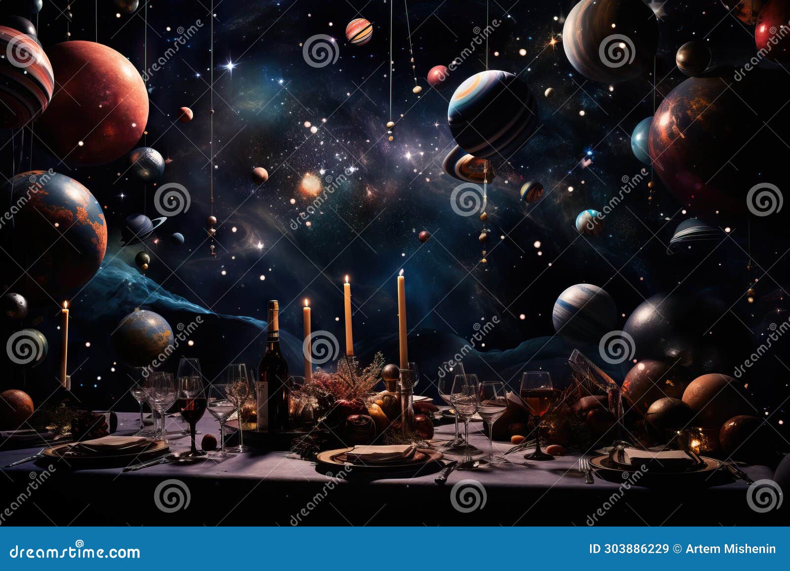 Celestial Dining Scene with Hanging Planets, Starry Backdrop, and ...