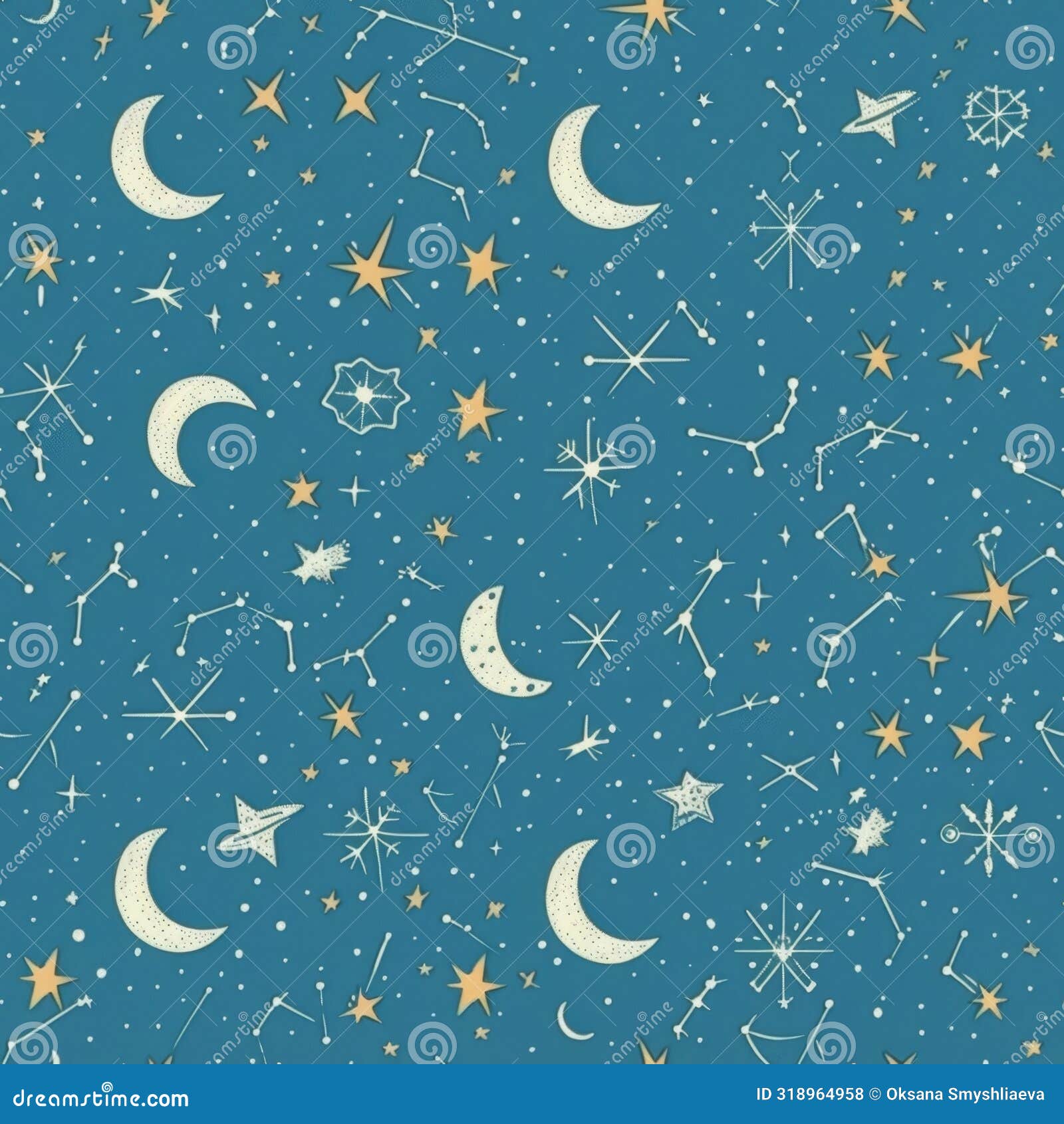 Celestial Dreams: Moon, Stars, and Constellations Pattern on Blue ...