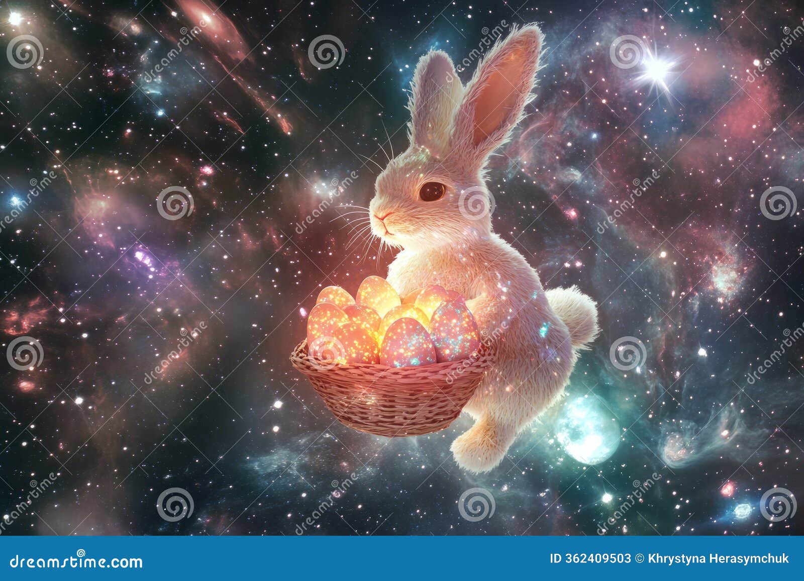 A Celestial Easter Bunny Floating through a Starry Galaxy, Carrying a ...