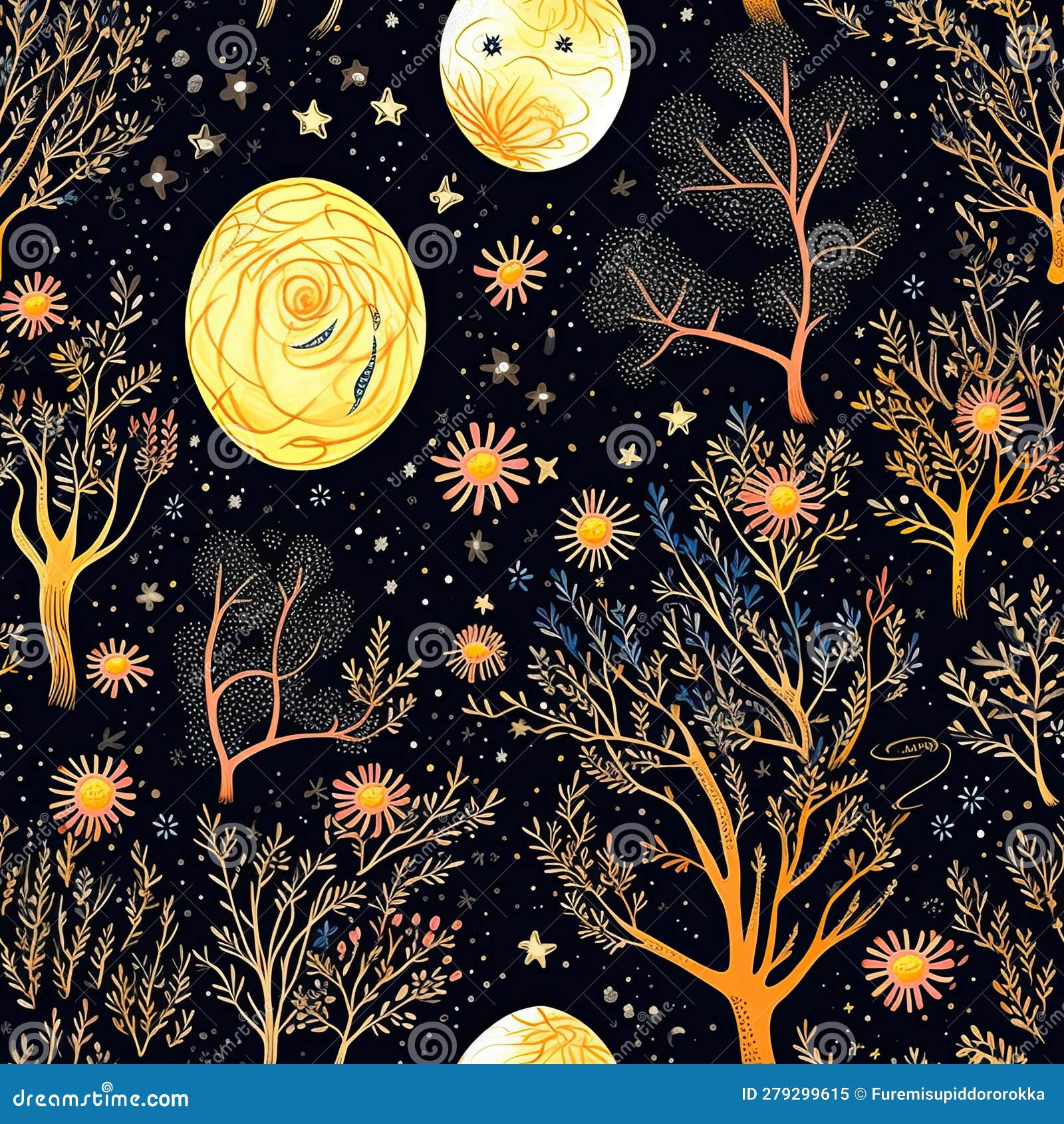 Celestial Elements with Earthly Botanical Elements Like Flowers, Plants ...