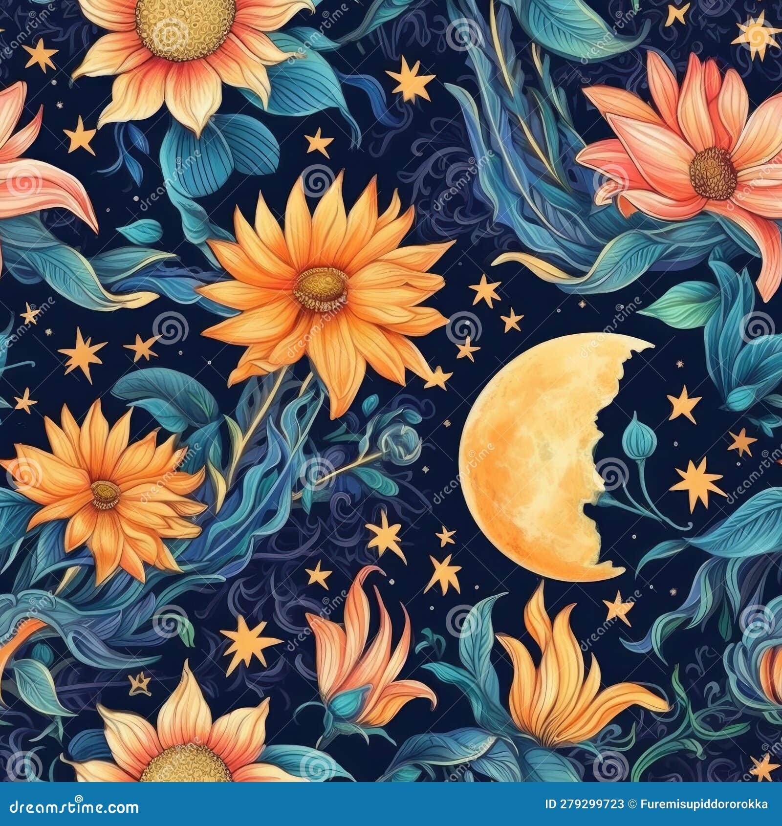 Celestial Elements with Earthly Botanical Elements Like Flowers, Plants ...