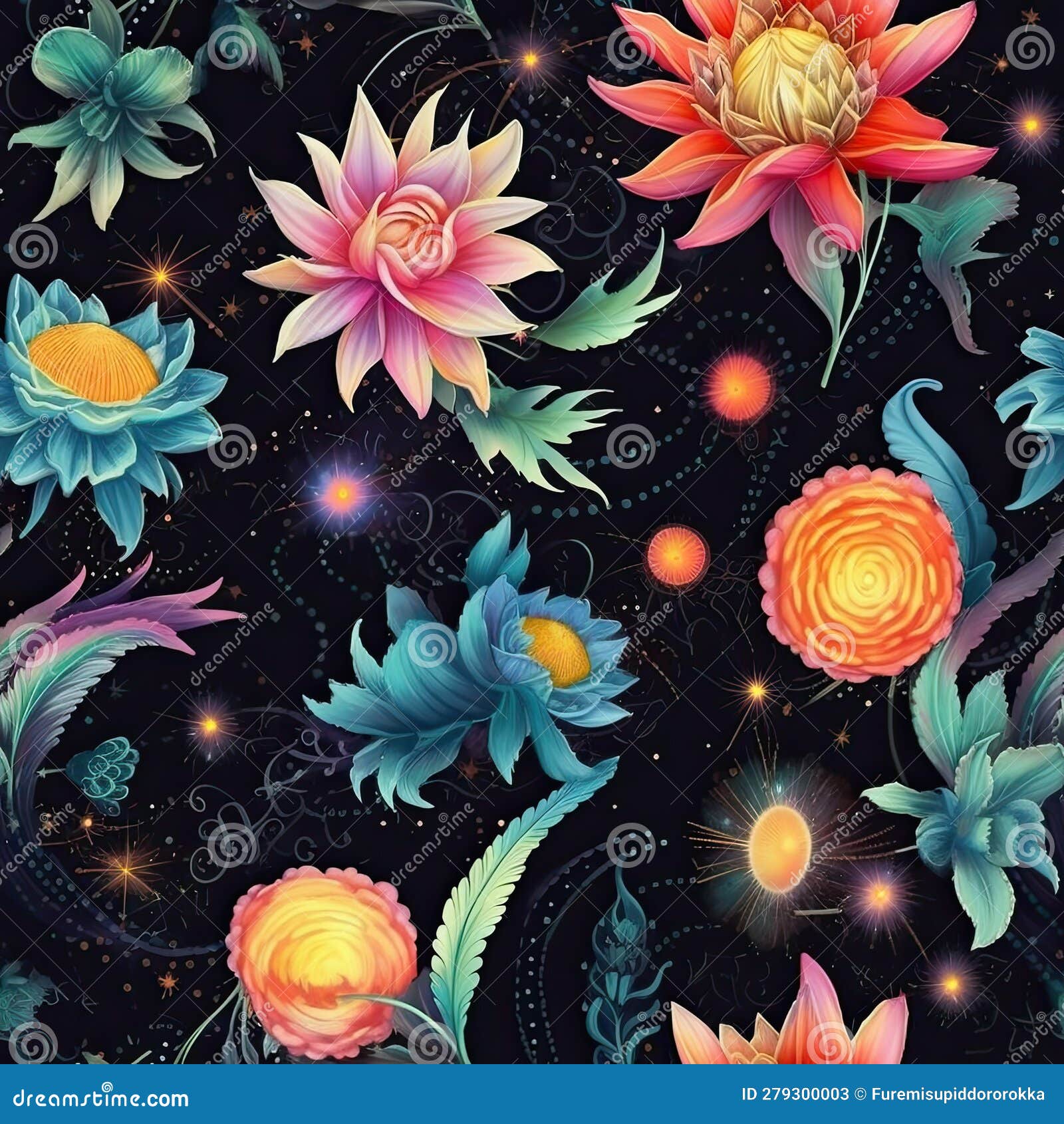 Celestial Elements with Earthly Botanical Elements Like Flowers, Plants ...