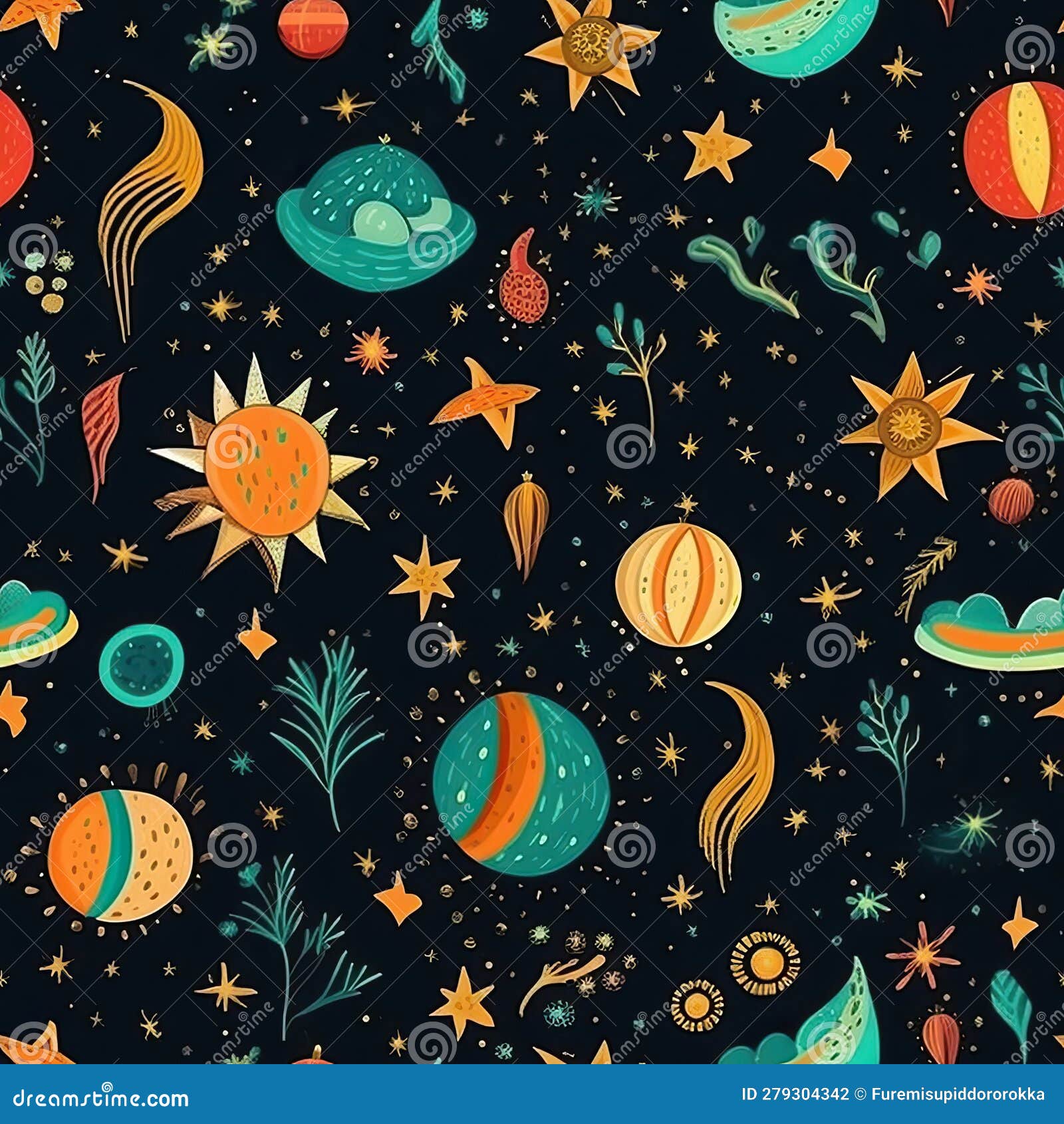 Celestial Elements with Earthly Botanical Elements Like Flowers, Plants ...