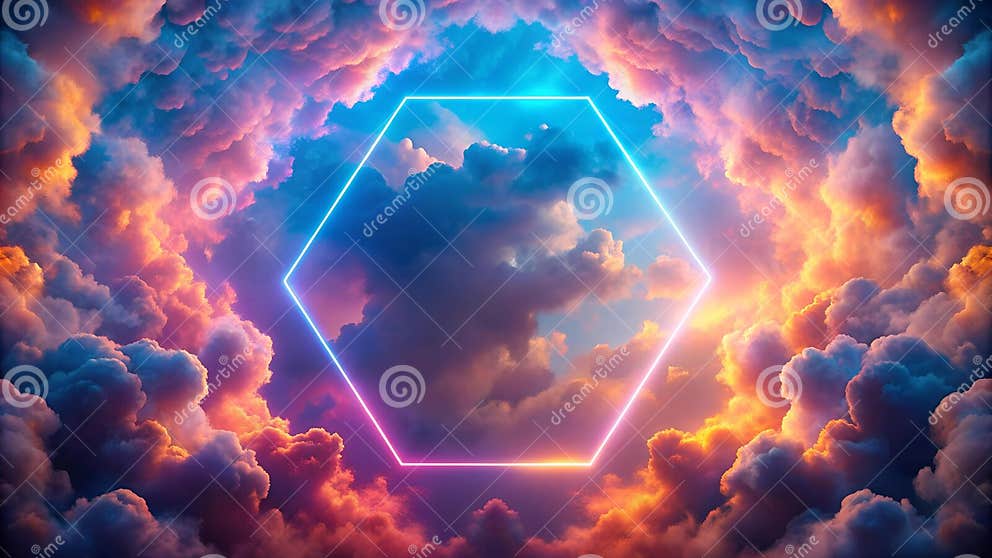 Celestial Geometry: a Symphony of Neon Clouds in a Hexagonal Embrace AI Generated Stock ...