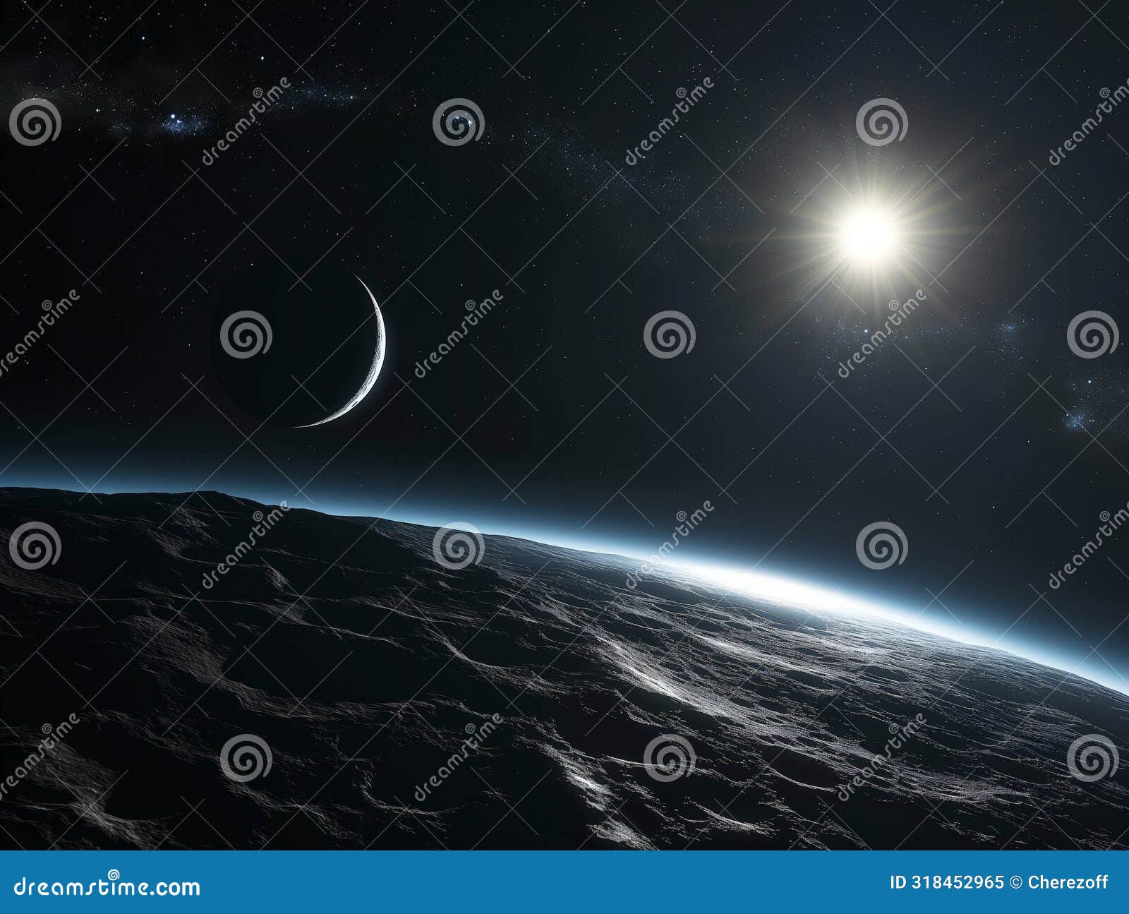 Celestial Landscape with Sun and Crescent Moon Stock Image - Image of ...