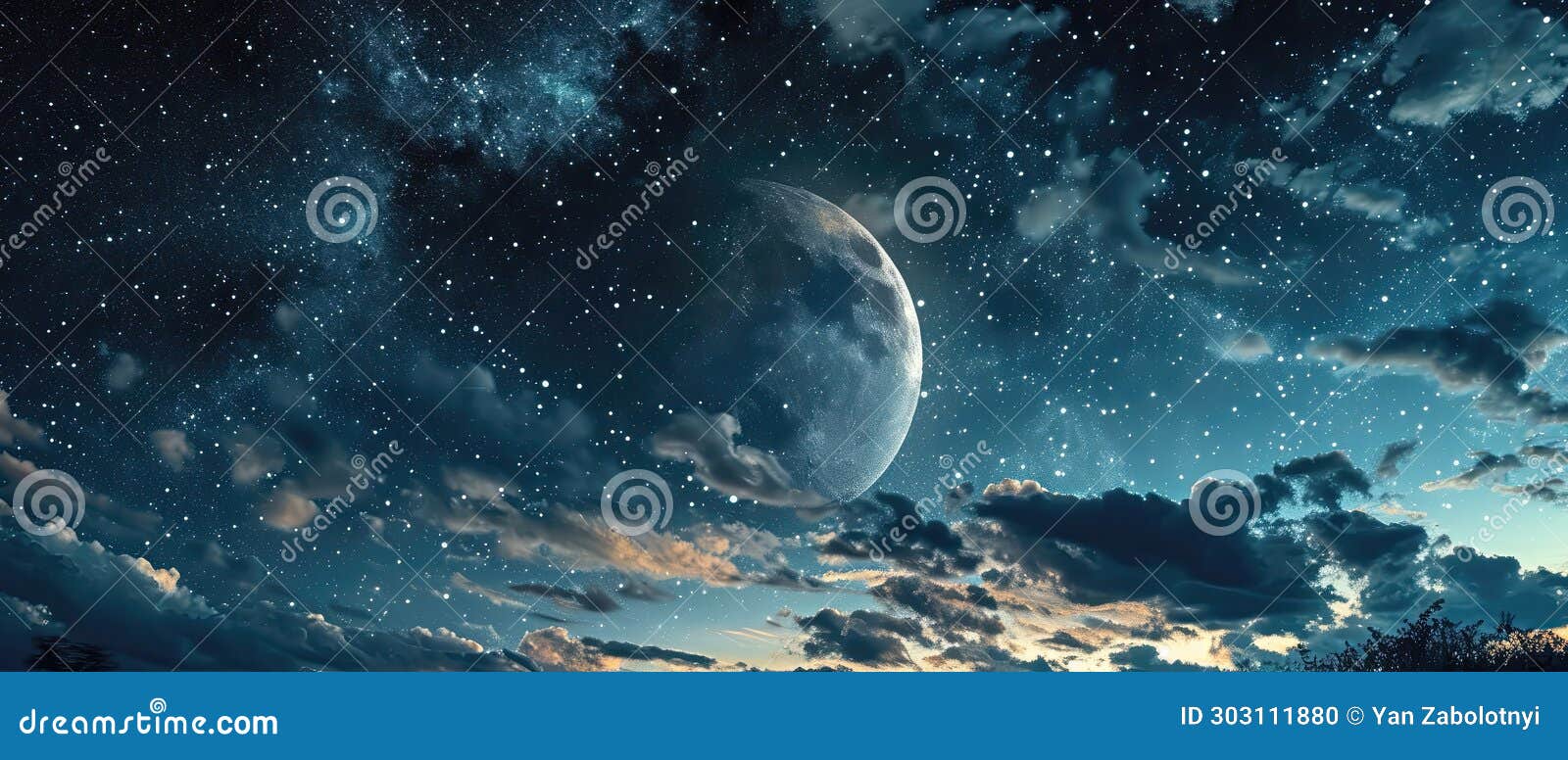 Celestial Love Night Sky Filled with Stars and a Crescent Moon Stock ...