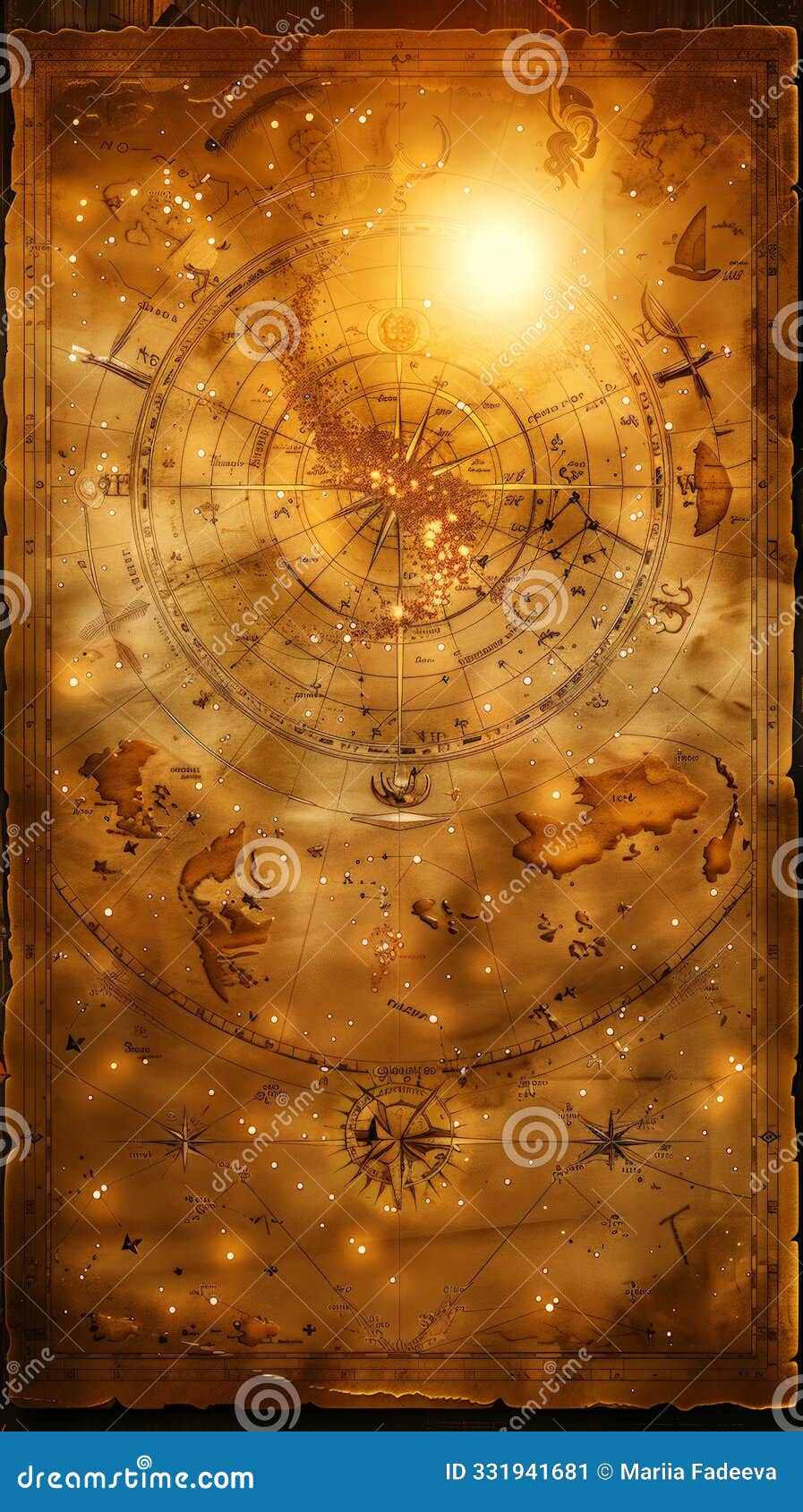 Celestial Map with Golden Glow, Depicting Stars and Constellations ...