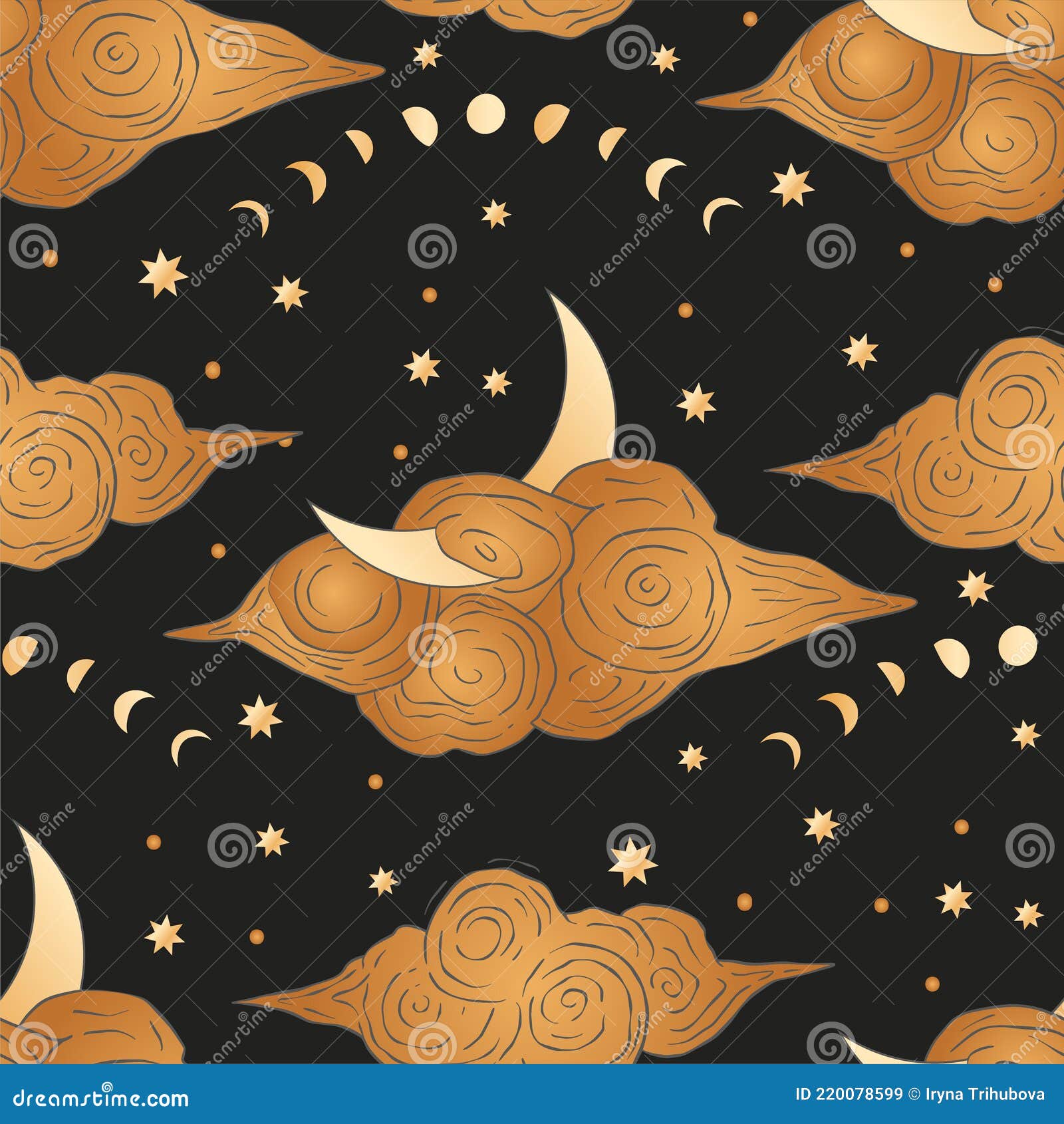 Celestial Moon Golden Seamless Pattern. Stock Vector - Illustration of ...