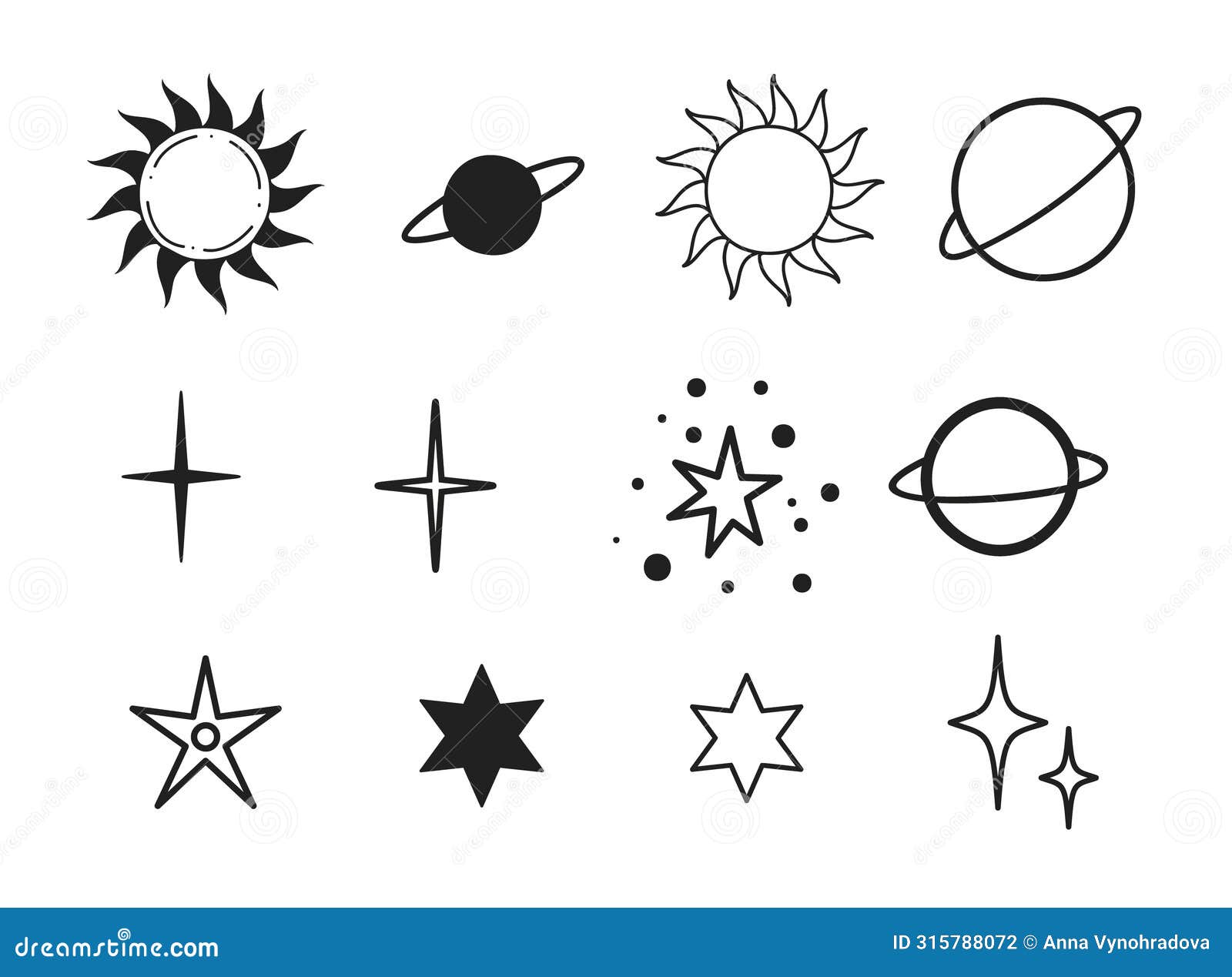 Celestial Objects Set. Moon, Sun, Stars, Planets, Clouds Stock Vector ...