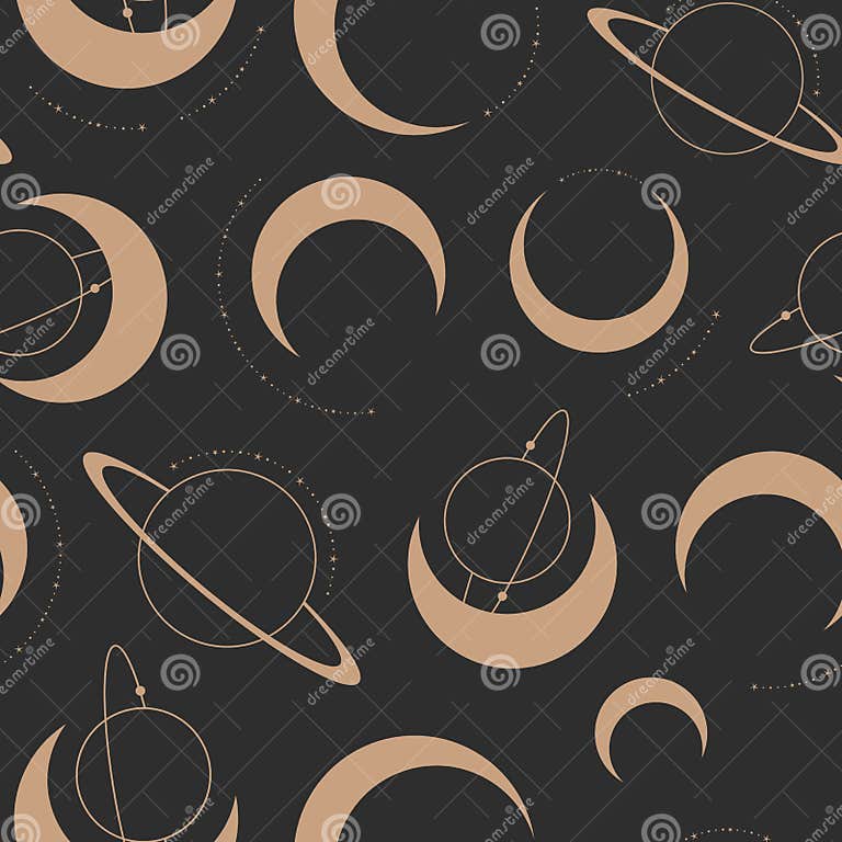 Celestial Pattern Repeat with Moon and Planet Illustrations in Dark ...
