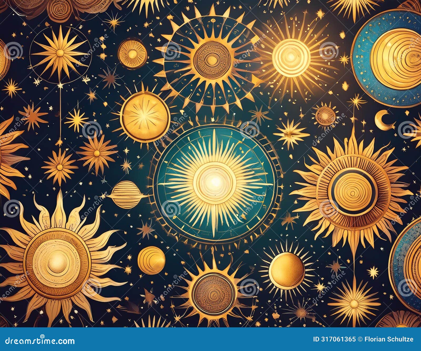 Celestial Pattern with Suns, Moons, and Stars on a Dark Background ...