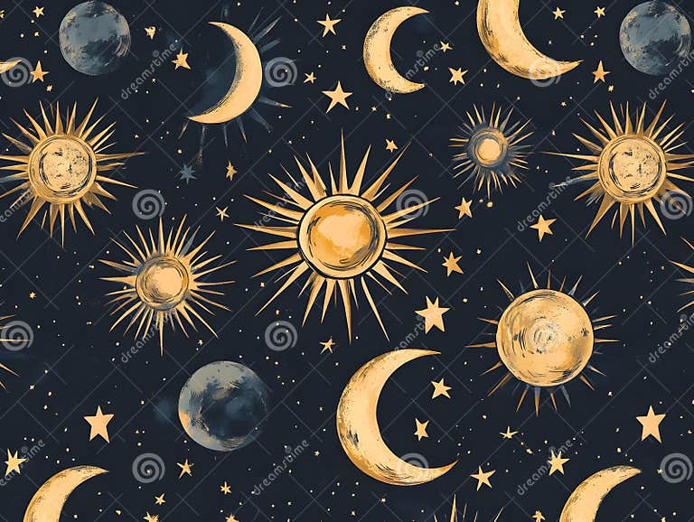 Celestial Pattern with Suns Moons and Stars on a Dark Background Stock Illustration ...