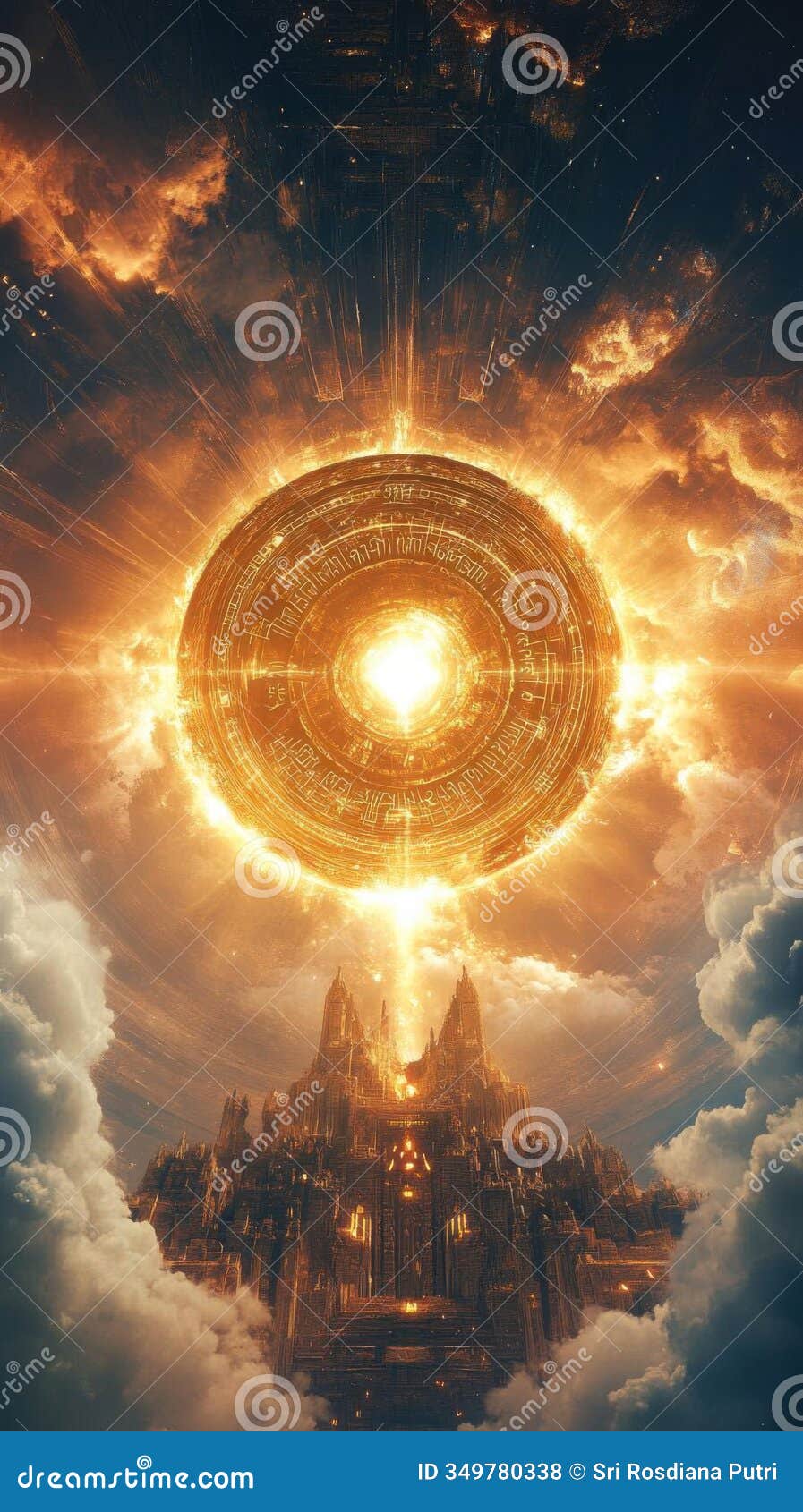 A Celestial Portal Opens Above a Golden City Stock Illustration ...