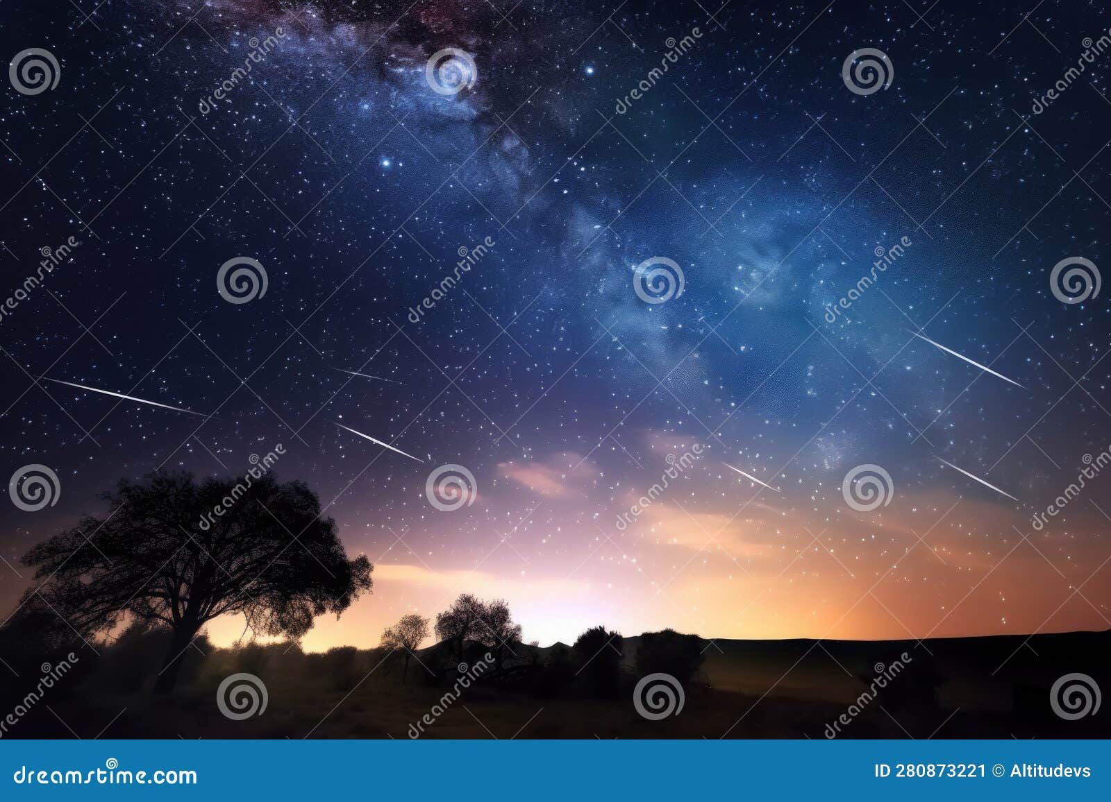 A Celestial Scene with a Meteor Shower, Stars and Planets Visible in ...