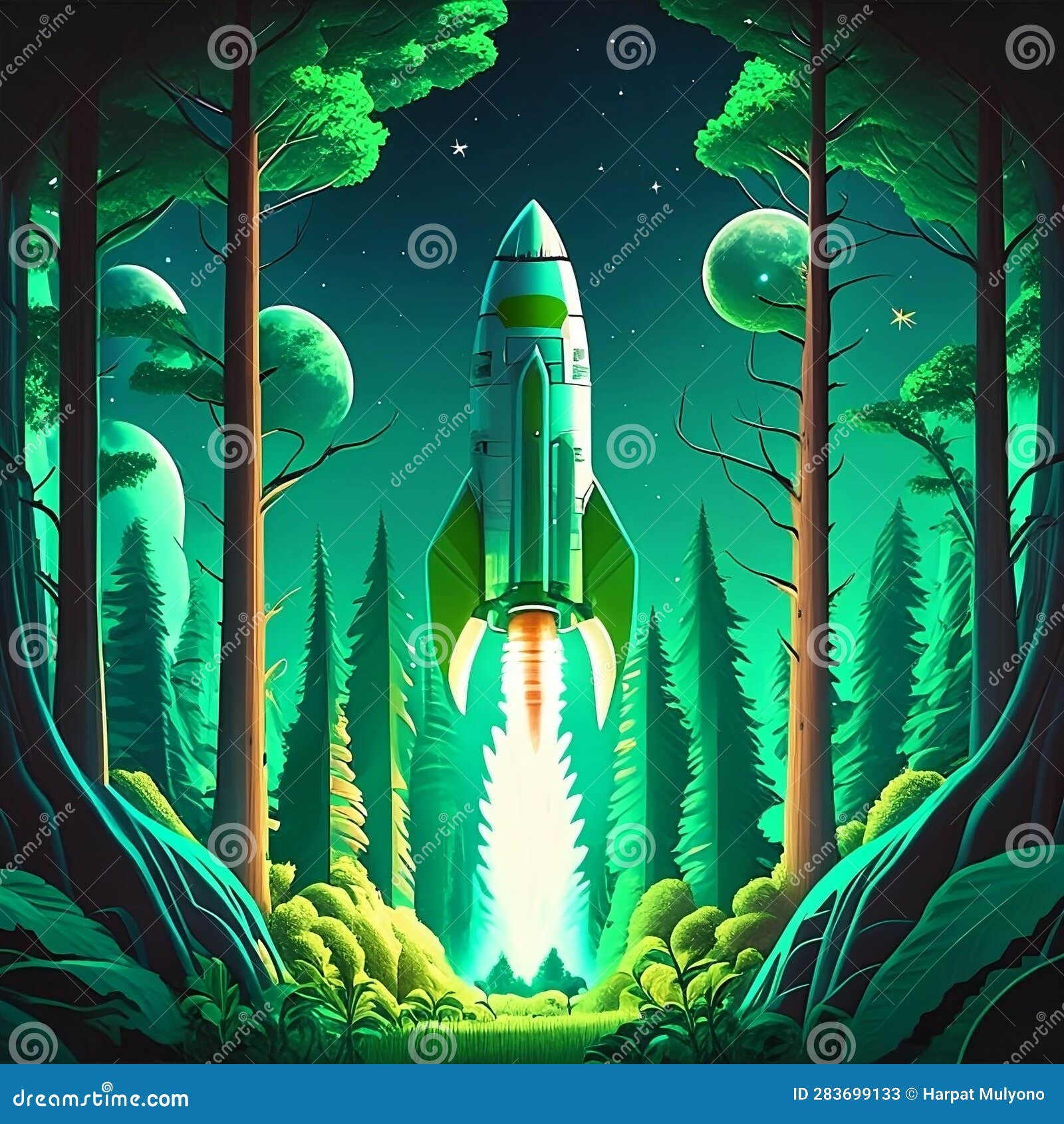 Celestial Soar: Rocket Launch Amidst Enchanted Forest Stock ...