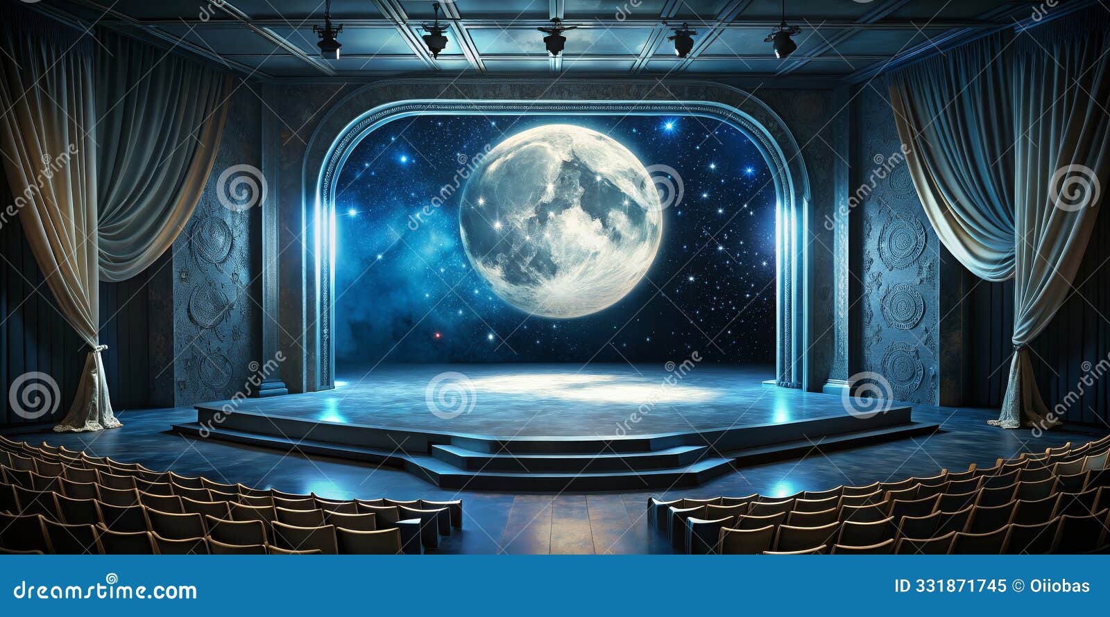 Celestial Stage a Moonlit Theater, Curtains Drawn Back, Revealing a ...