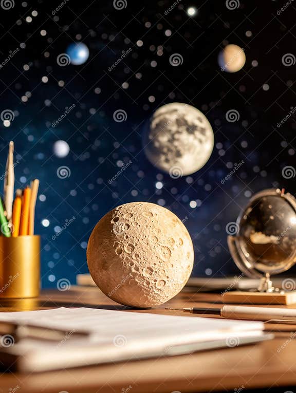 Celestial Study Session Moon Model Globe Pencils Notebook Starry Backdrop Symbolizing Learning ...