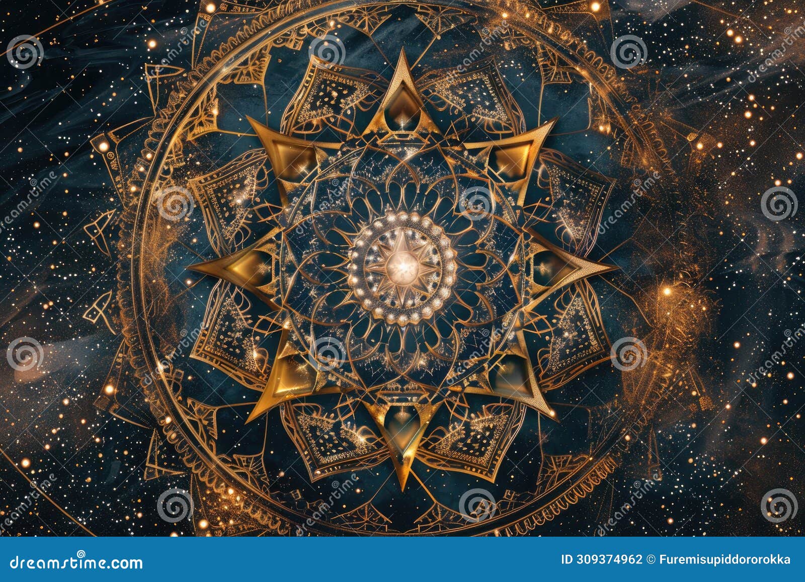 A Celestial-themed Mandala with Intricate Geometric Patterns and Gold ...