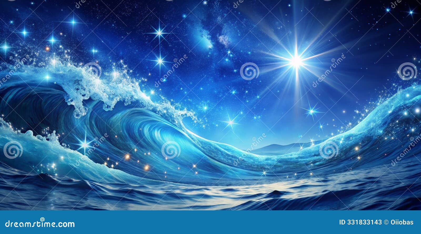 Celestial Waves, Digital Art, Starry Night Sky, Ocean Waves, Bright ...