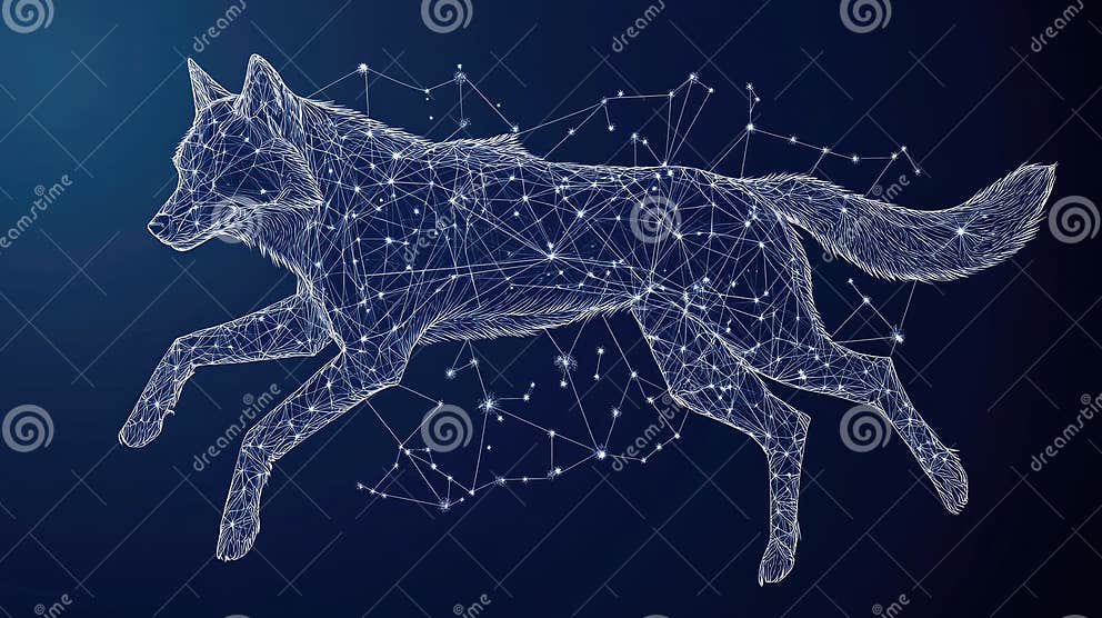 Celestial Wolf, Intricate Geometric Shape Constellation on Dark Blue ...