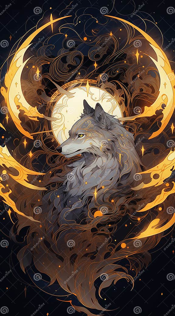 Celestial Wolf with Ornamental Background. Stock Illustration ...
