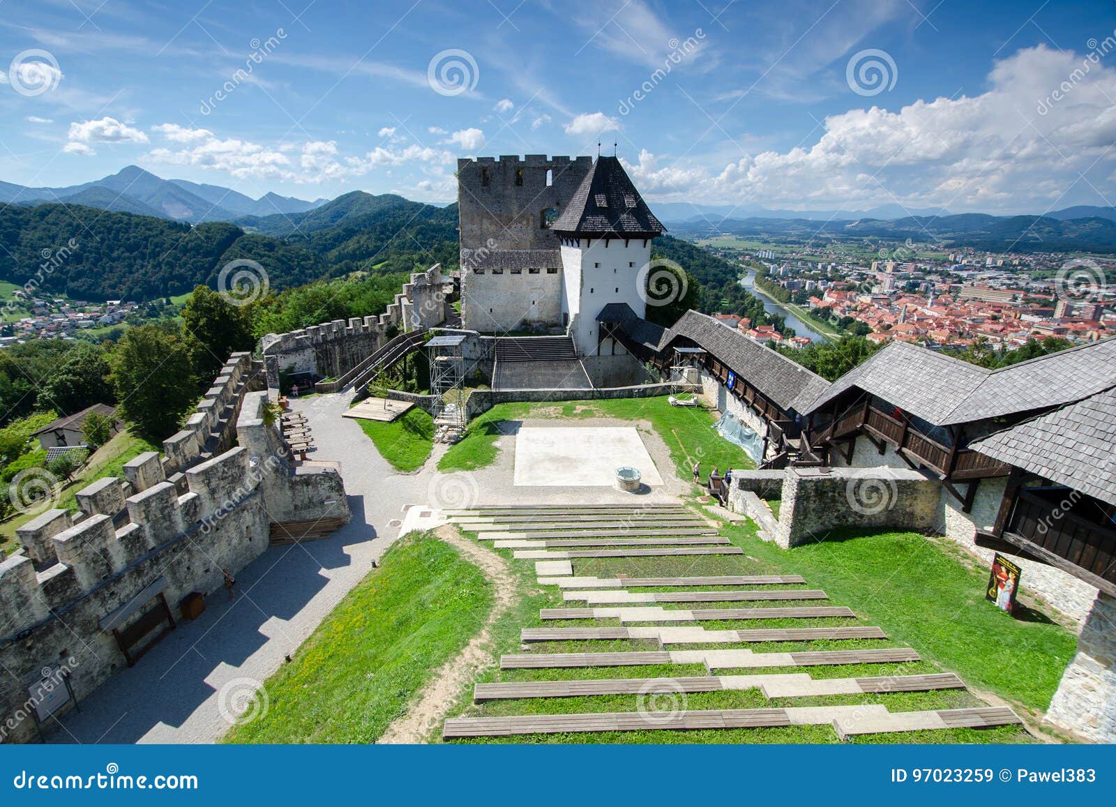 Celje Old Castle, Aerial View Of Medieval Fortification And Town Of ...